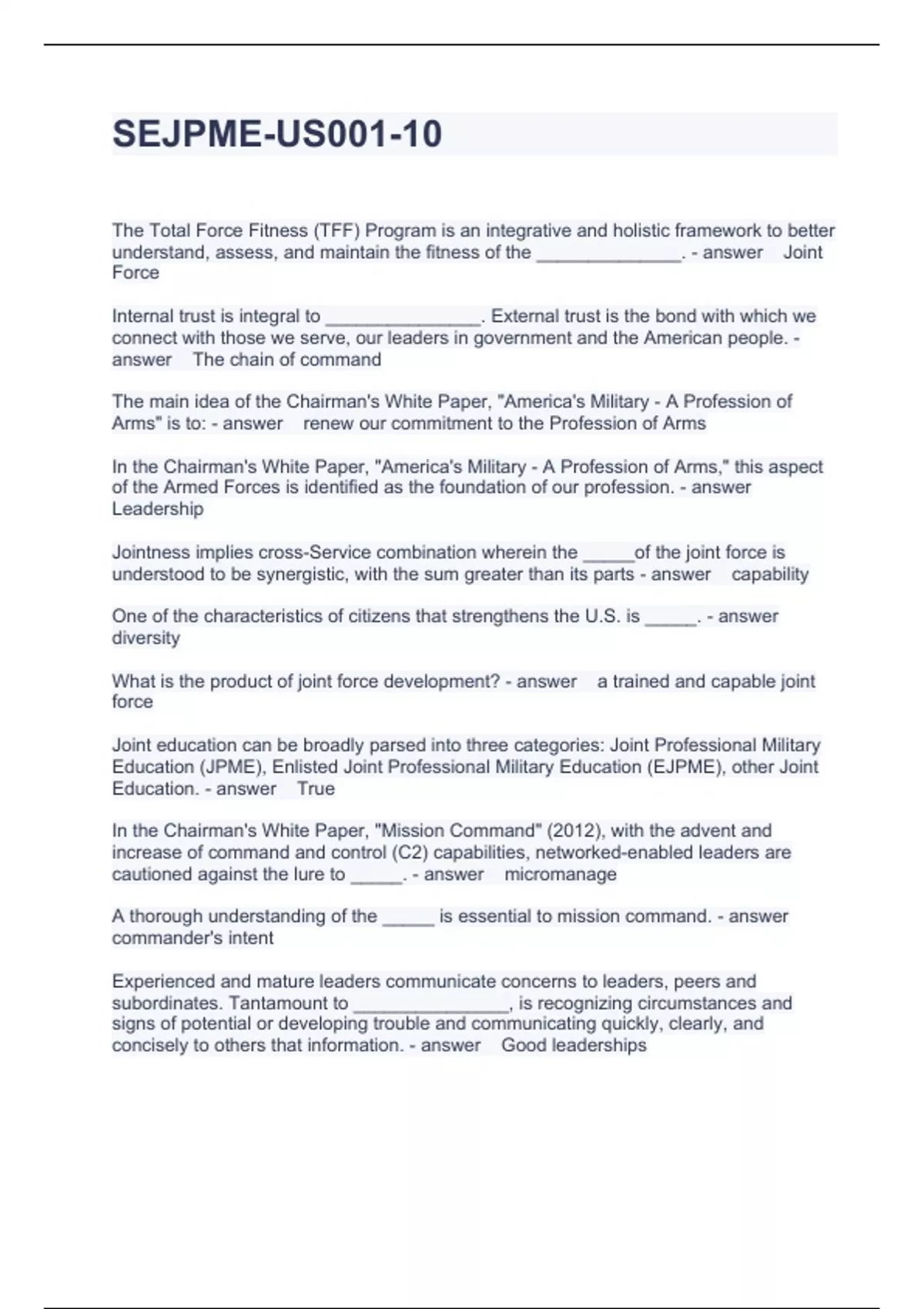 SEJPME-US001-10 QUESTIONS WITH CORRECT ANSWERS 2024 - Ejpme - Stuvia US