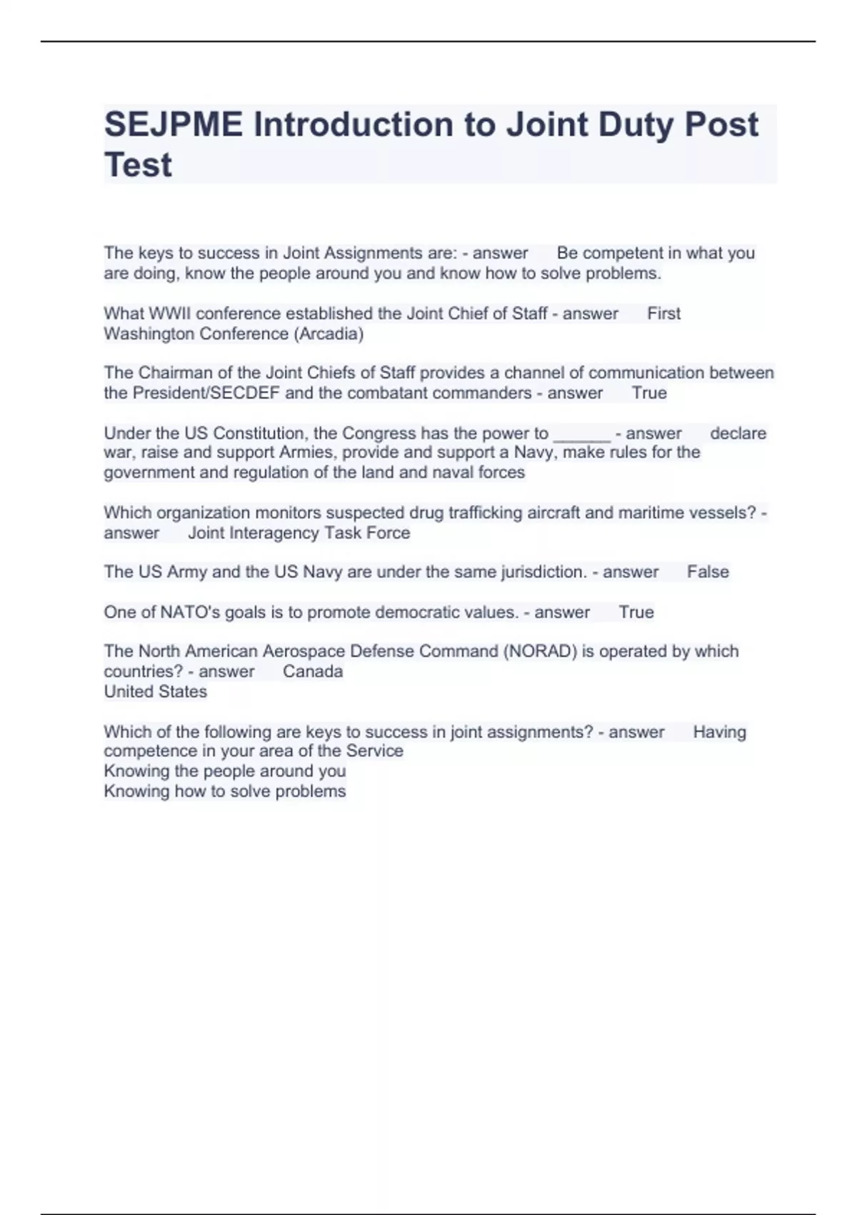SEJPME Introduction to Joint Duty Post Test Questions with correct ...