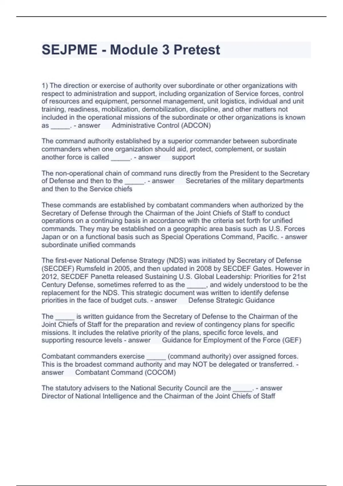 SEJPME - Module 3 Pretest Questions with correct Answers 2024 - Ejpme ...