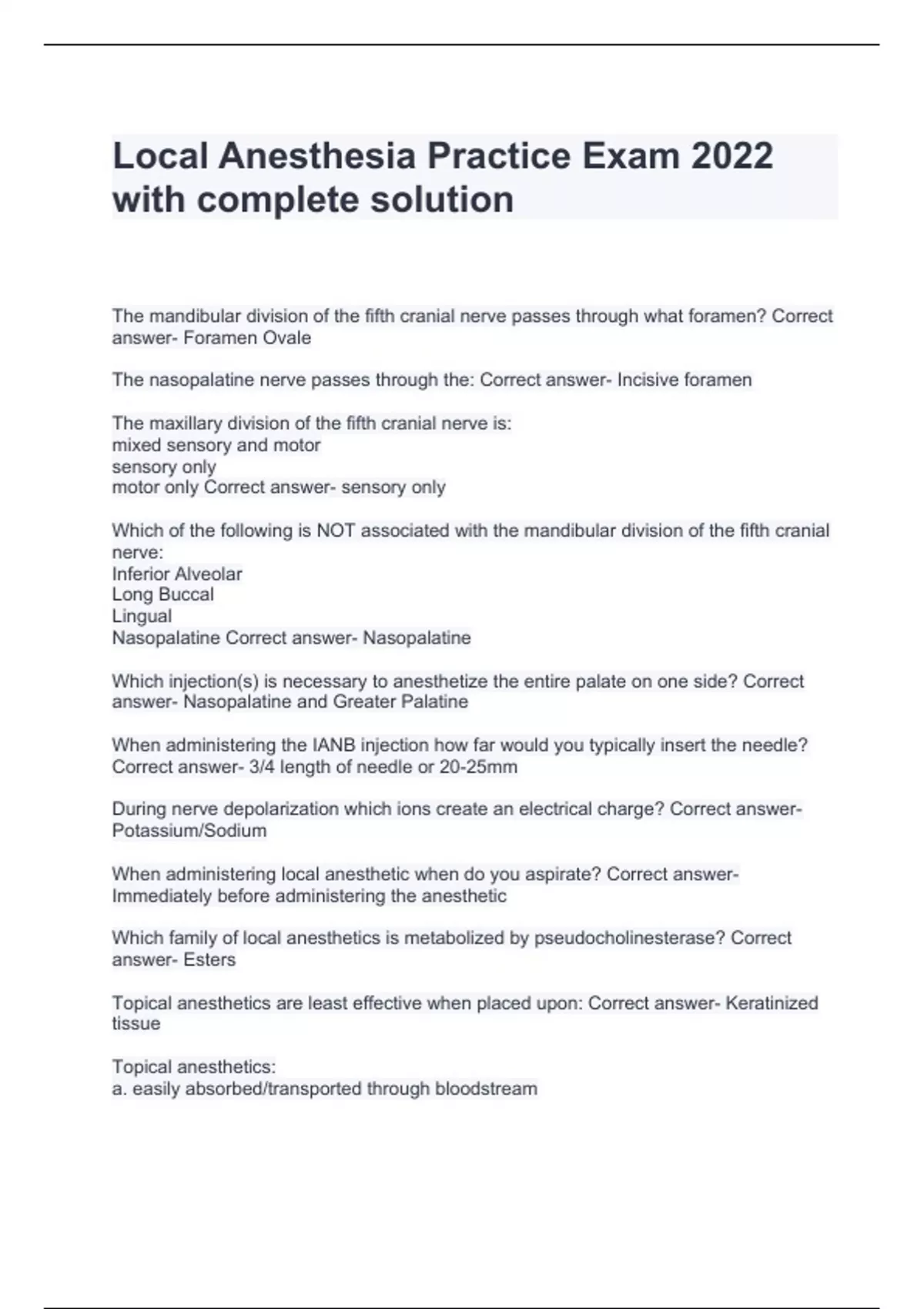 Local Anesthesia Practice Exam 2024 with complete solution - Nurs 102 ...