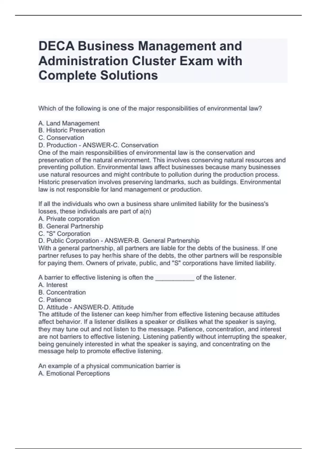 DECA Business Management and Administration Cluster Exam with Complete ...