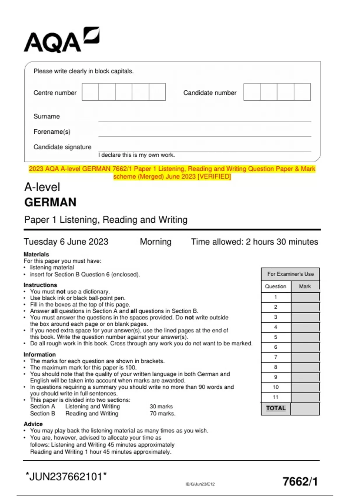 2023 AQA A-level GERMAN 7662/1 Paper 1 Listening, Reading and Writing ...