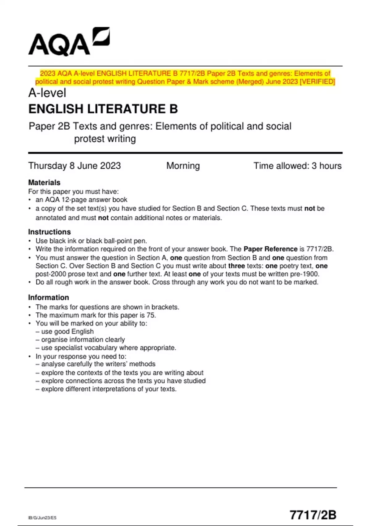 2023 AQA A-level ENGLISH LITERATURE B 7717/2B Paper 2B Texts and genres ...