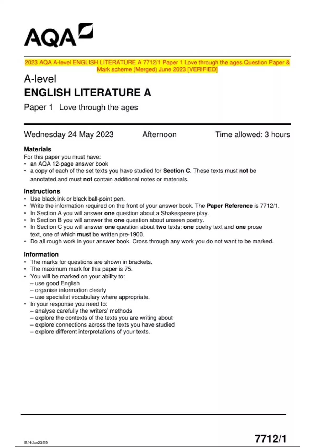 2023 AQA A-level ENGLISH LITERATURE A 7712/1 Paper 1 Love through the ages Question Paper & Mark ...