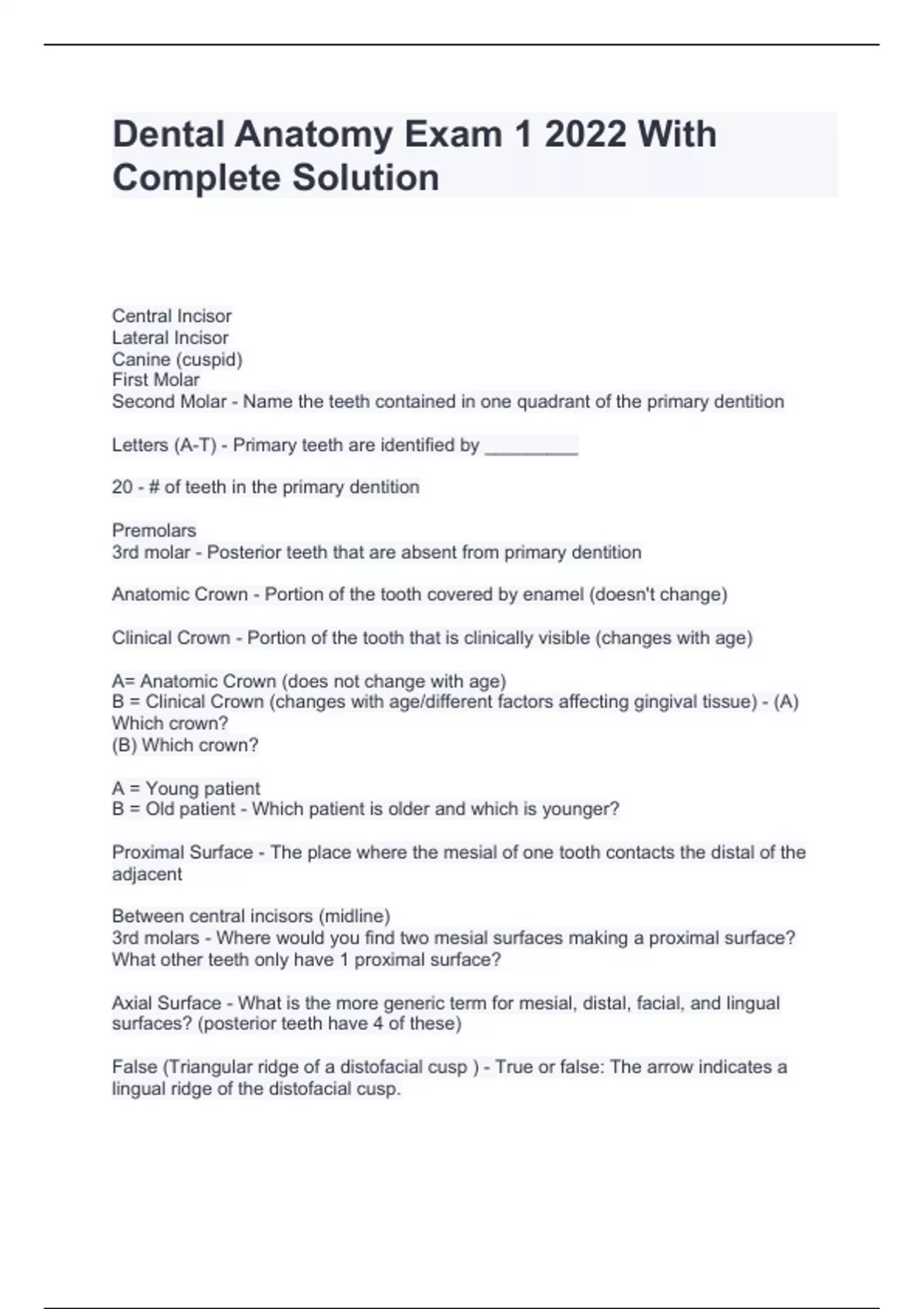 Dental Anatomy Exam 1 2024 With Complete Solution - Nurs 102 - Stuvia US