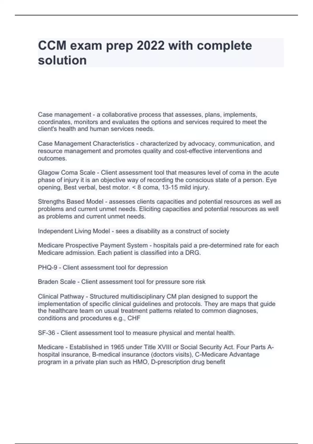 CCM exam prep 2024 with complete solution - Nurs 102 - Stuvia US