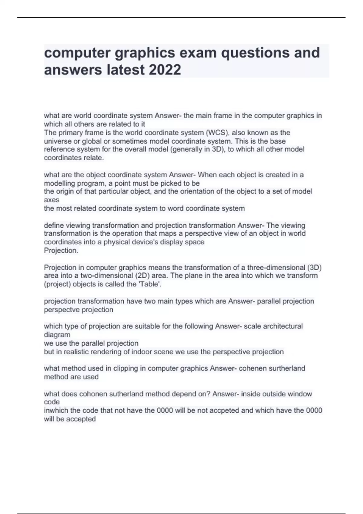 computer graphics exam questions and answers latest 2024 - Nurs 102 ...