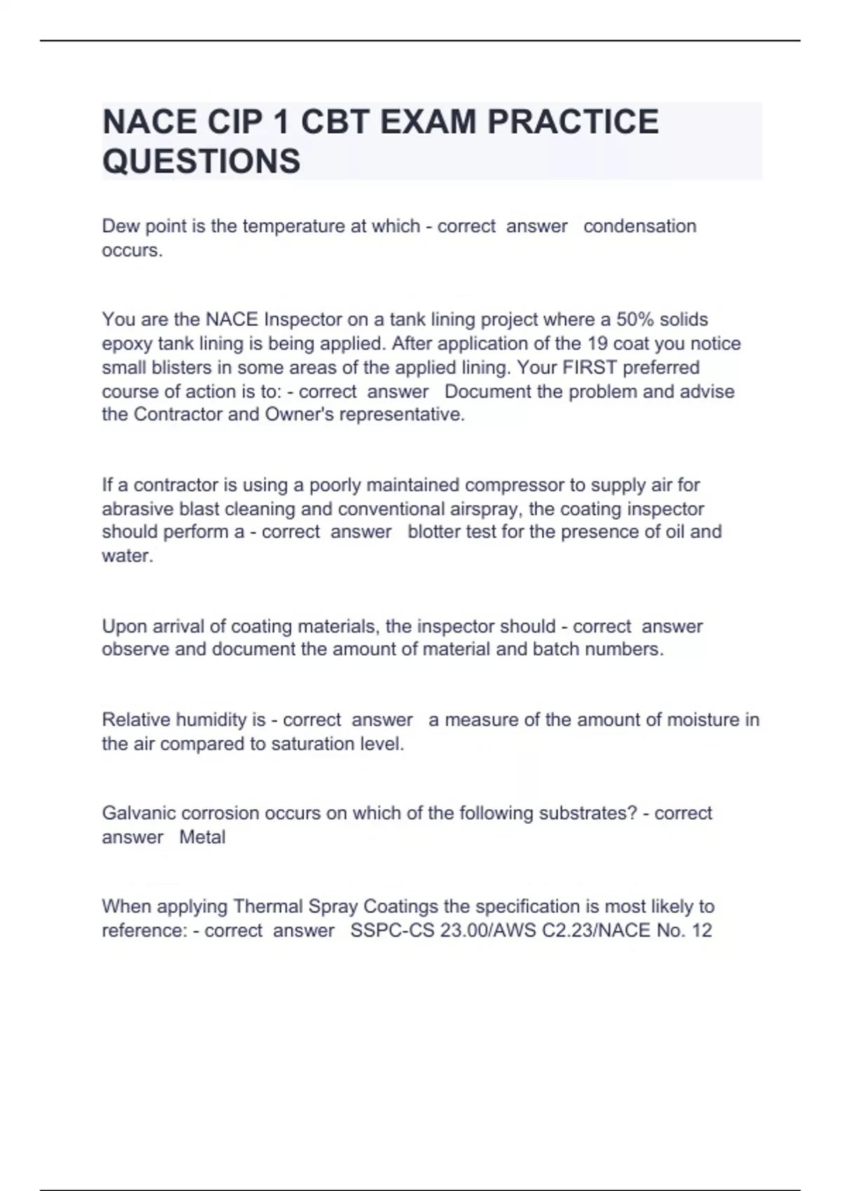 NACE CIP 1 CBT EXAM PRACTICE QUESTIONS and answers 100% correct 2024 ...