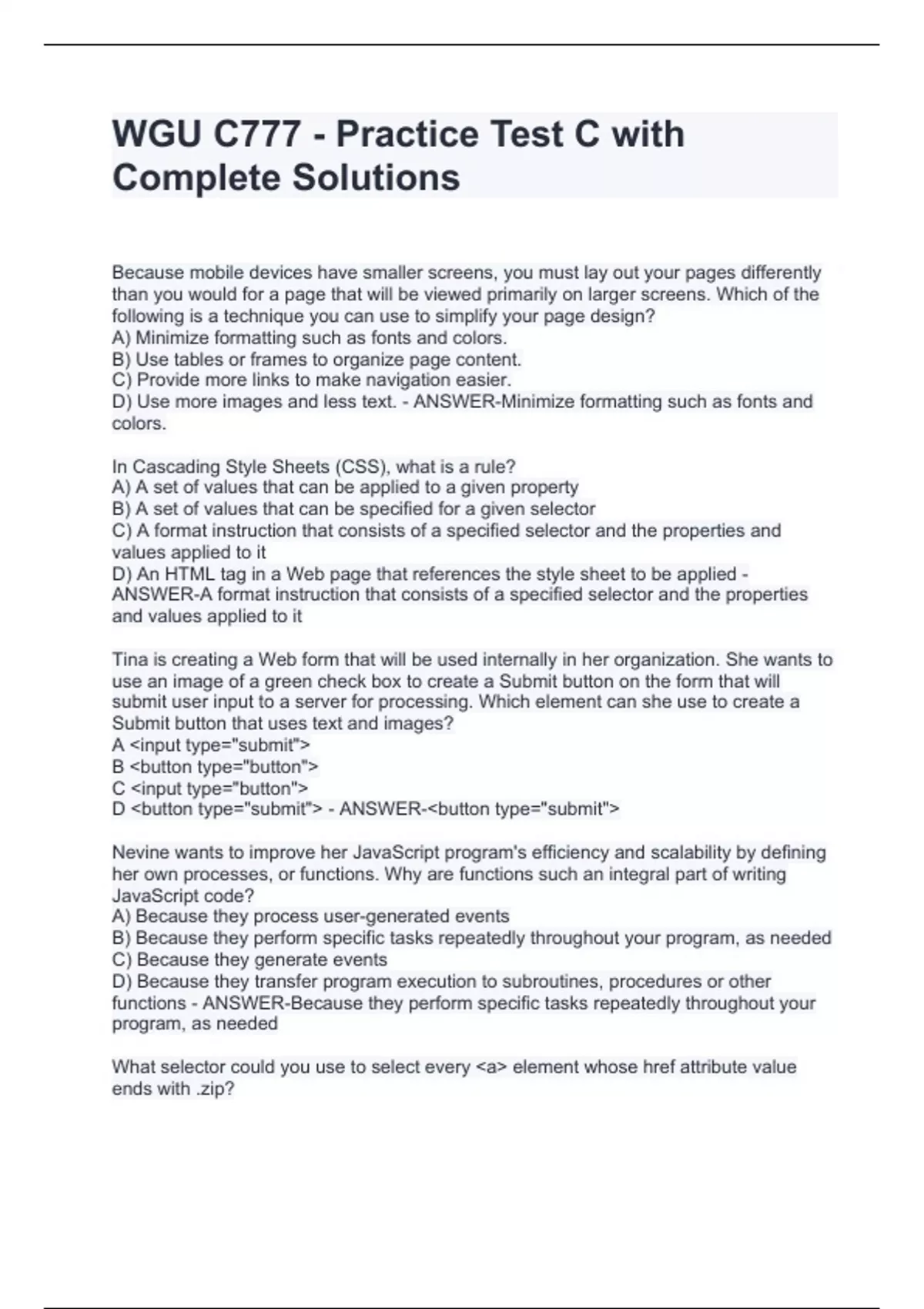 WGU C777 - Practice Test C with Complete Solutions - WGU C777 - Stuvia US