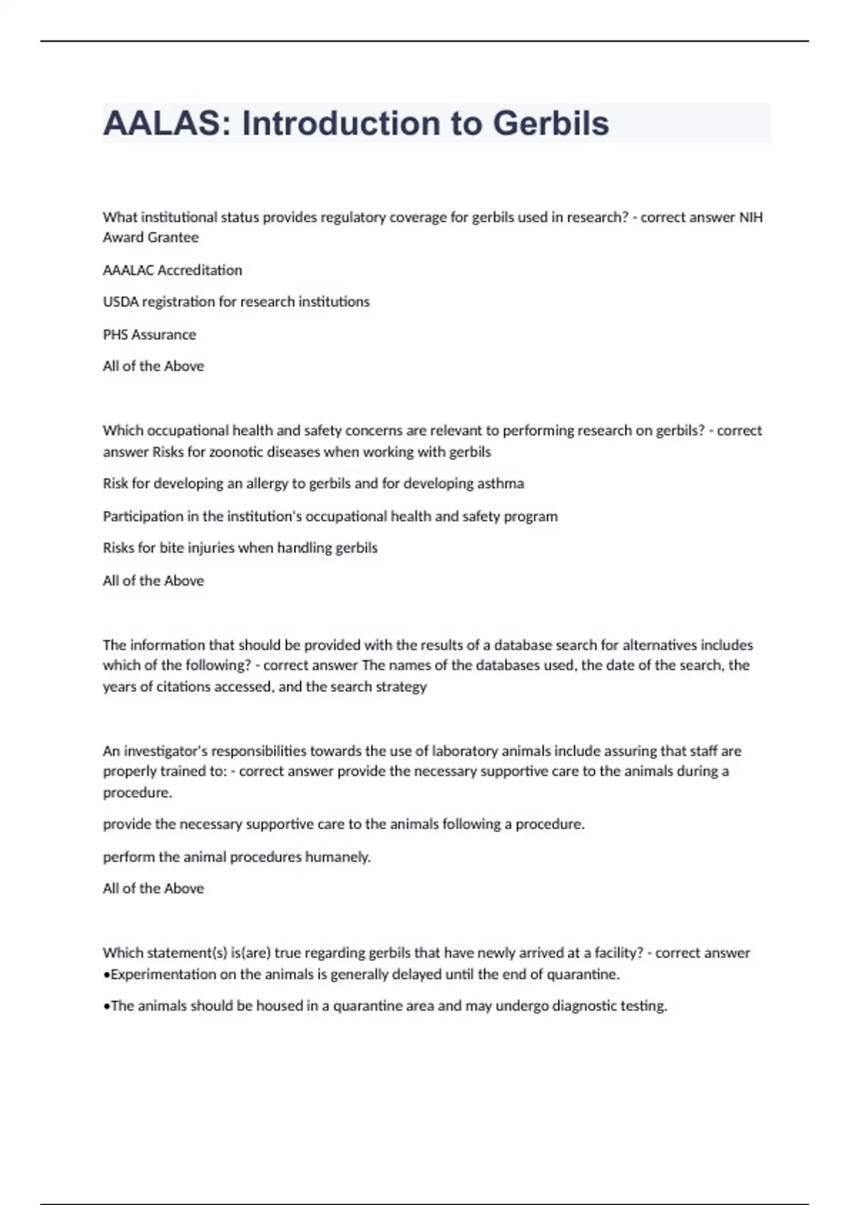 AALAS Introduction To Gerbils Correctly Answered Questions 2024. - AALS ...