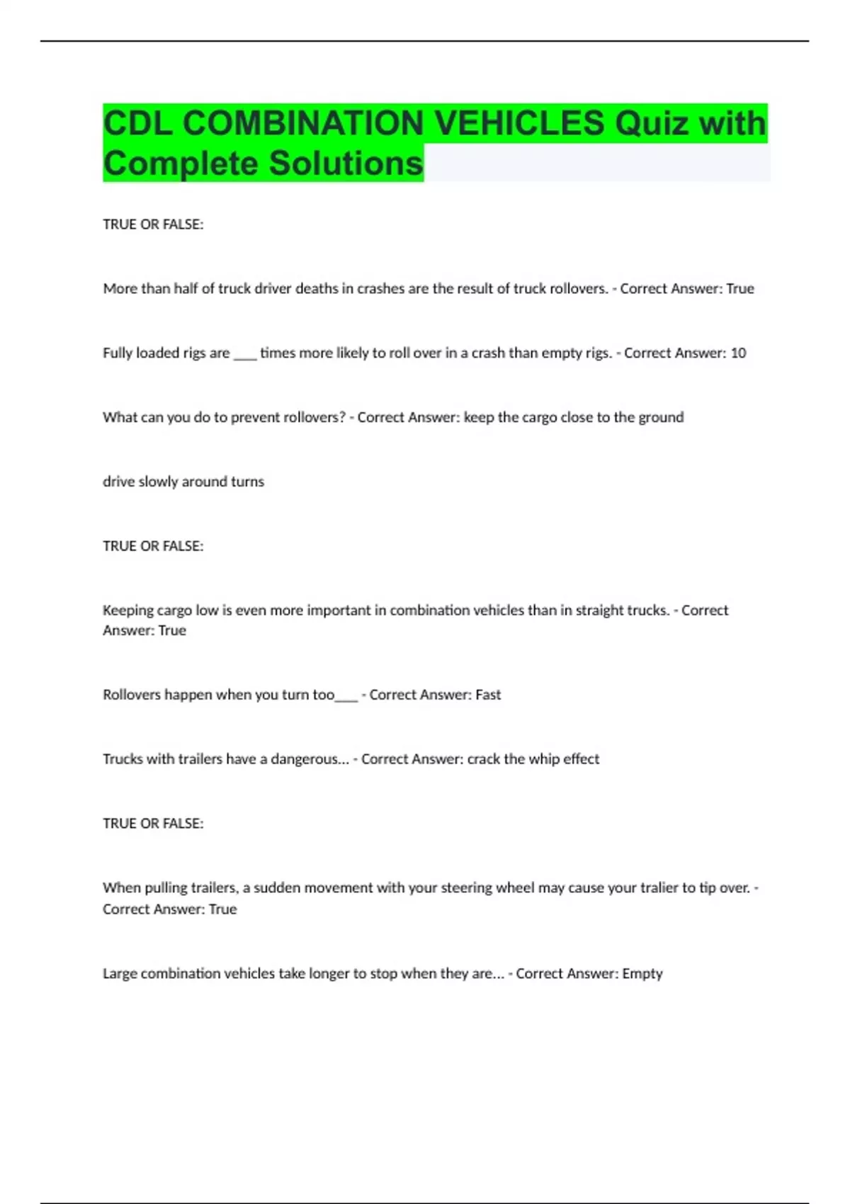 CDL COMBINATION VEHICLES Quiz with Complete Solutions - Cdl - Stuvia US