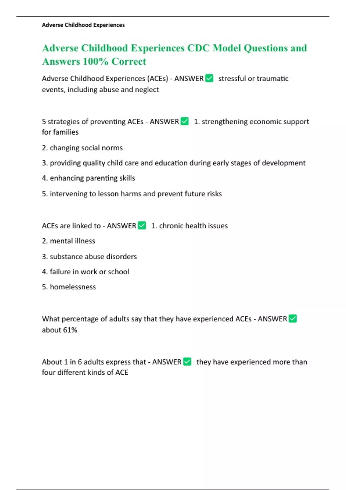 Adverse Childhood Experiences CDC Model Questions and Answers 100% ...