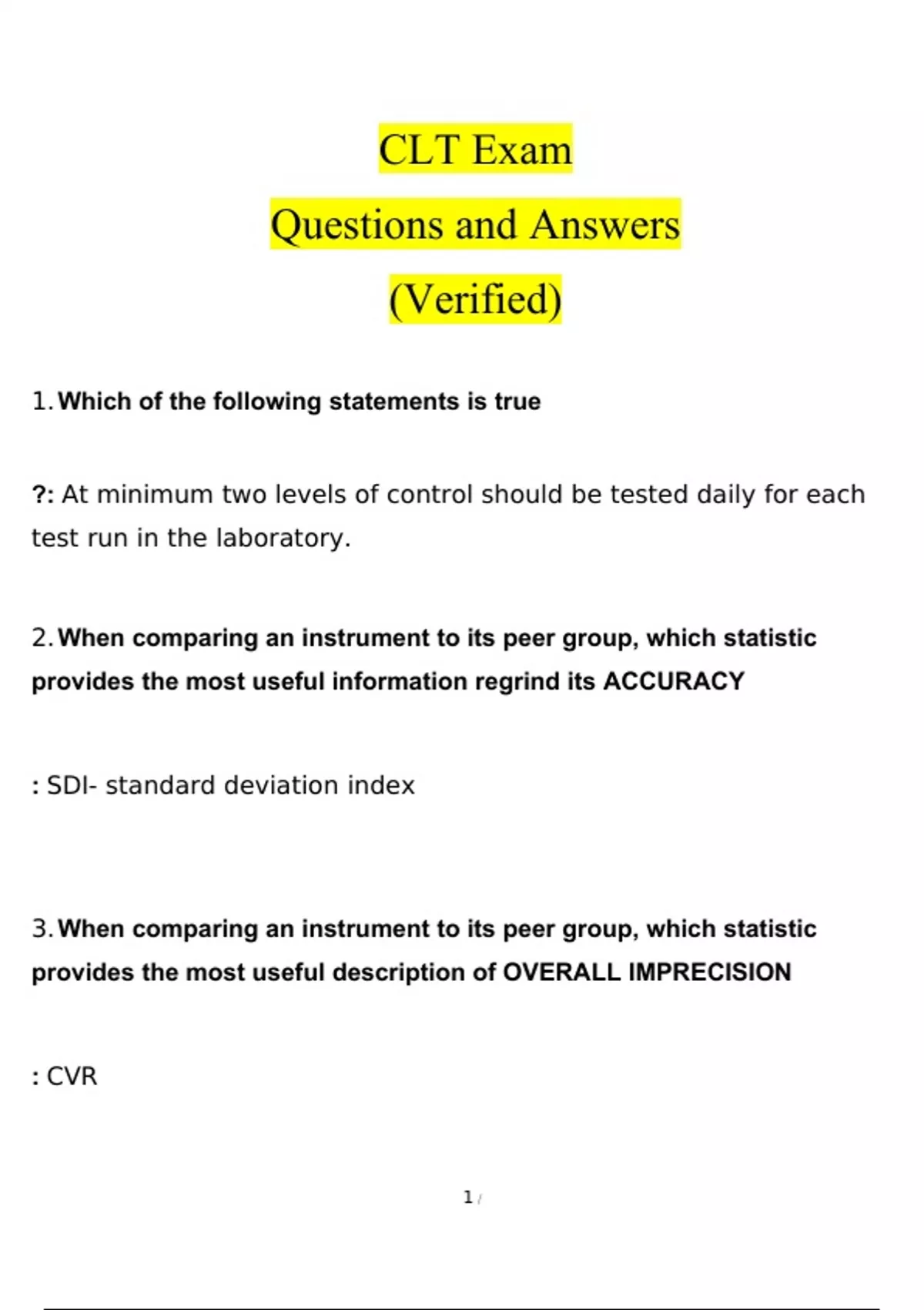 CLT Exam Questions and Answers (2024 / 2025) (Verified Answers) - CLT - Stuvia US