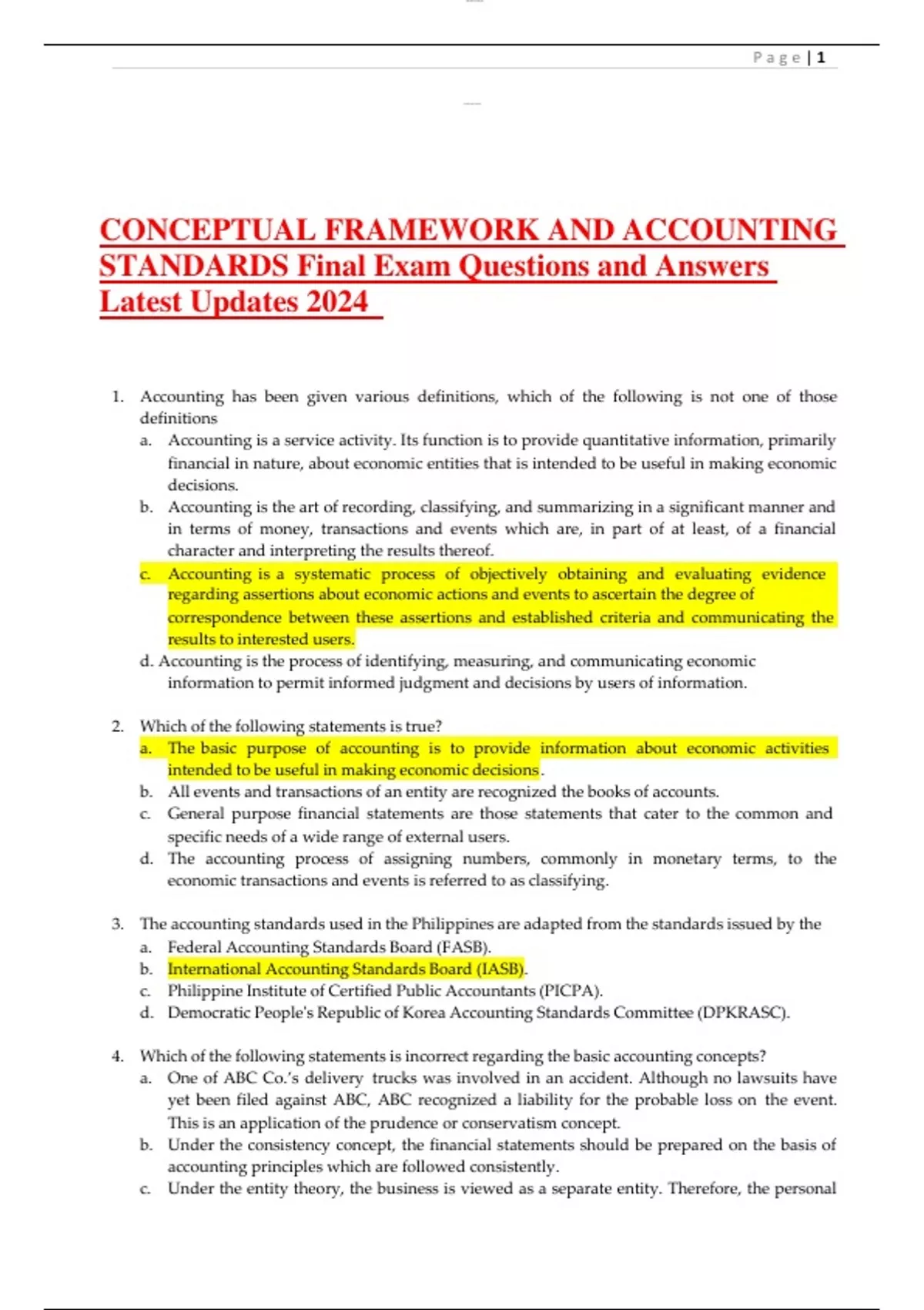 CONCEPTUAL FRAMEWORK AND ACCOUNTING STANDARDS Final Exam Questions and ...