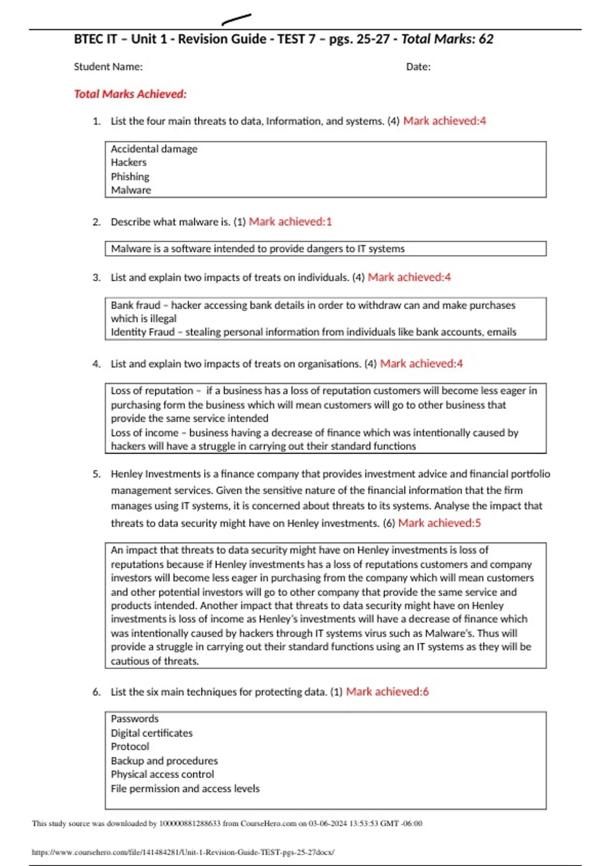 BTEC IT – Unit 1 - Revision Guide - TEST 7 questions and answers - BTEC ...