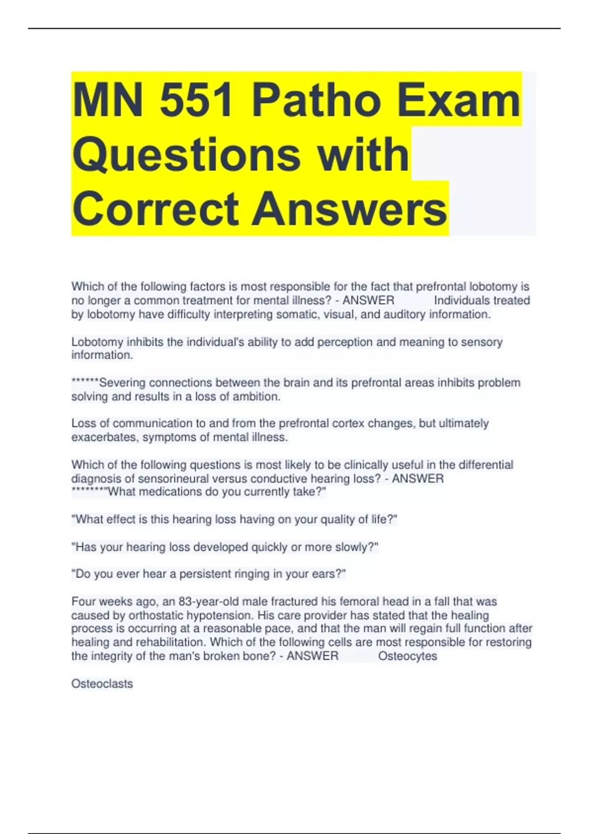 MN 551 Patho Exam Questions with Correct Answers - MN 551 - Stuvia US