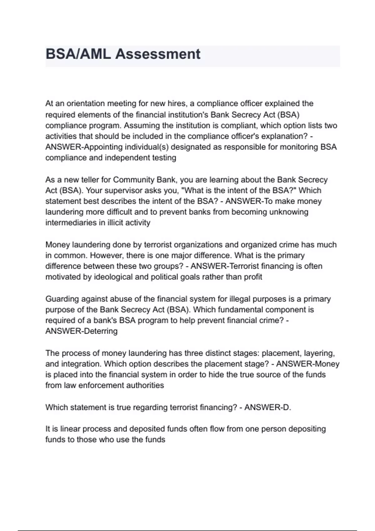 BSA/AML Assessment Questions with complete solution - BSA/AML ...