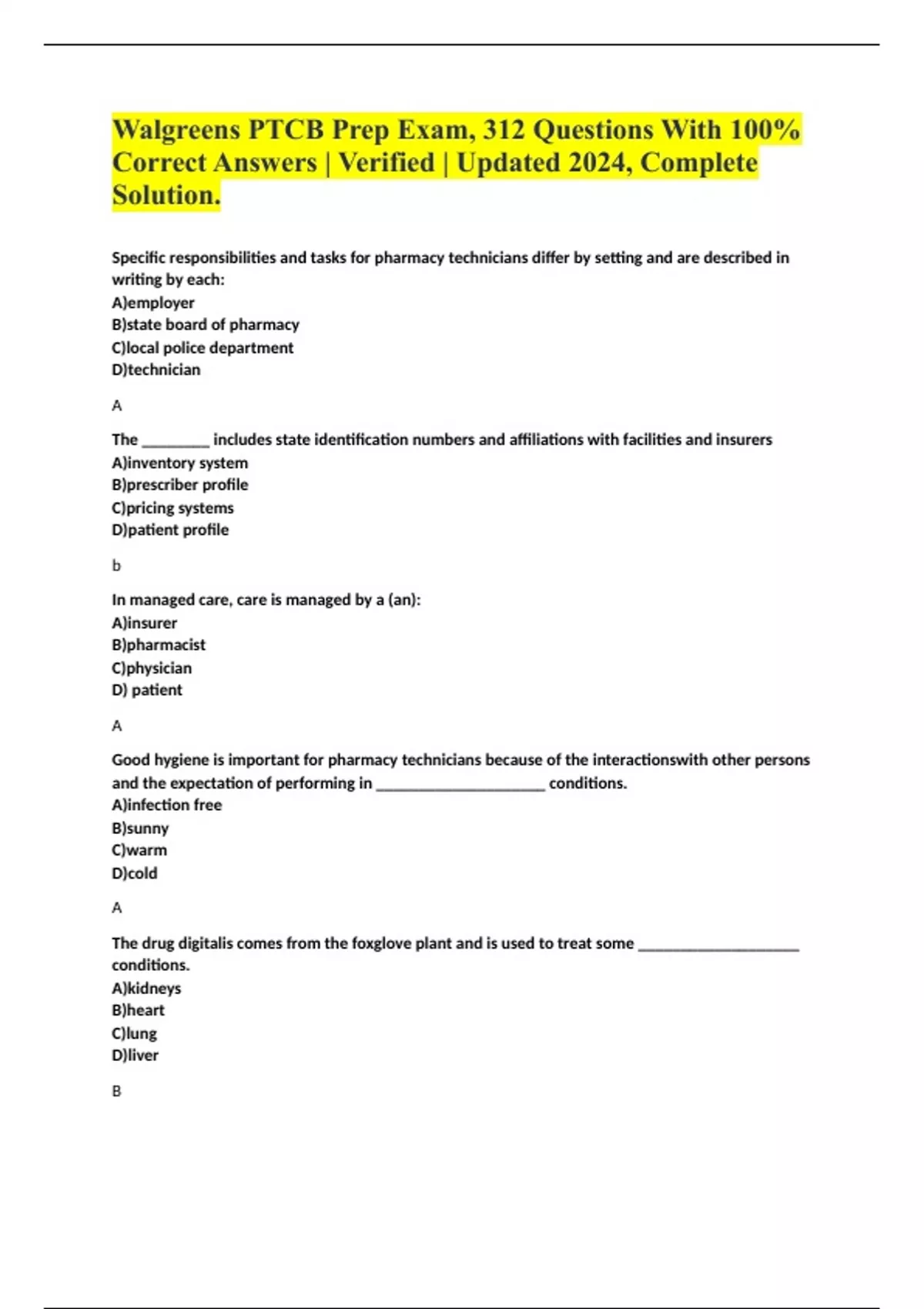 Walgreens PTCB Prep Exam, 312 Questions With 100% Correct Answers ...