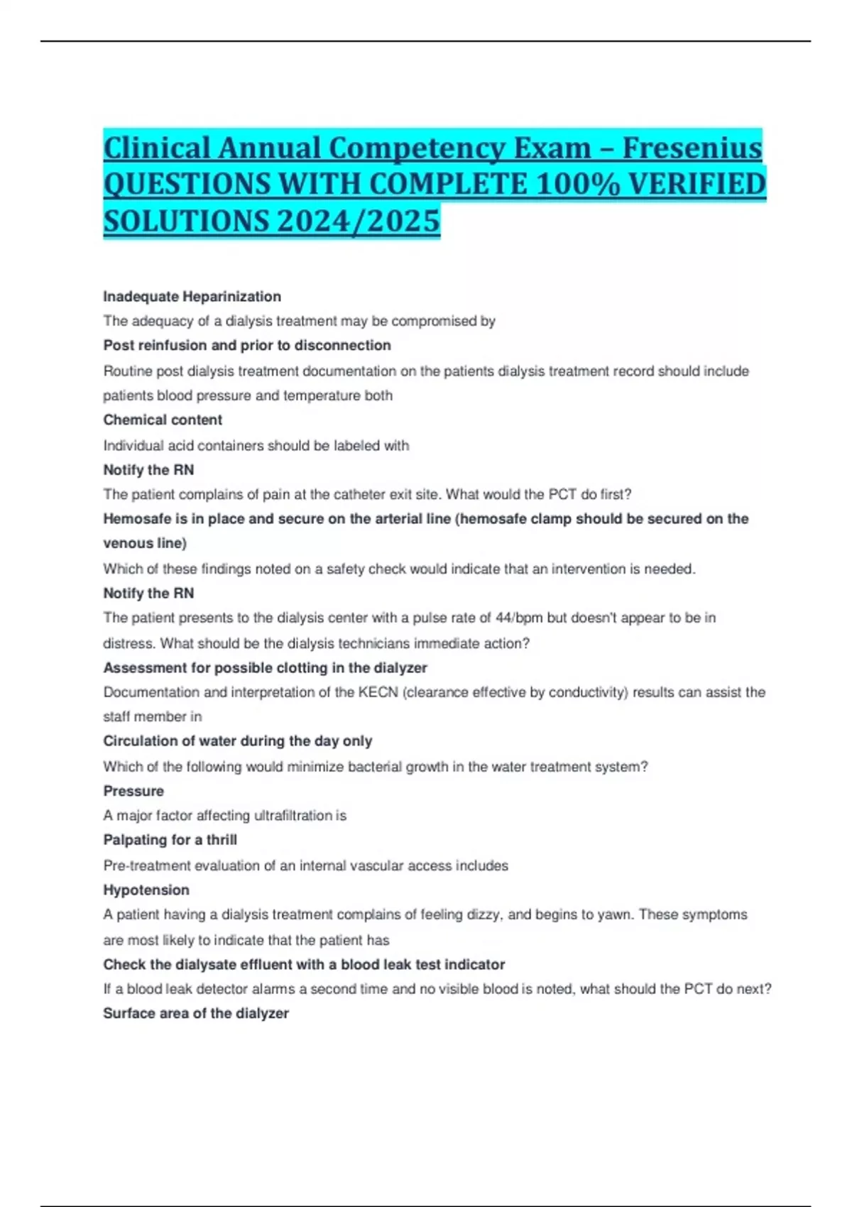 Clinical Annual Competency Exam – Fresenius QUESTIONS WITH COMPLETE 100 ...