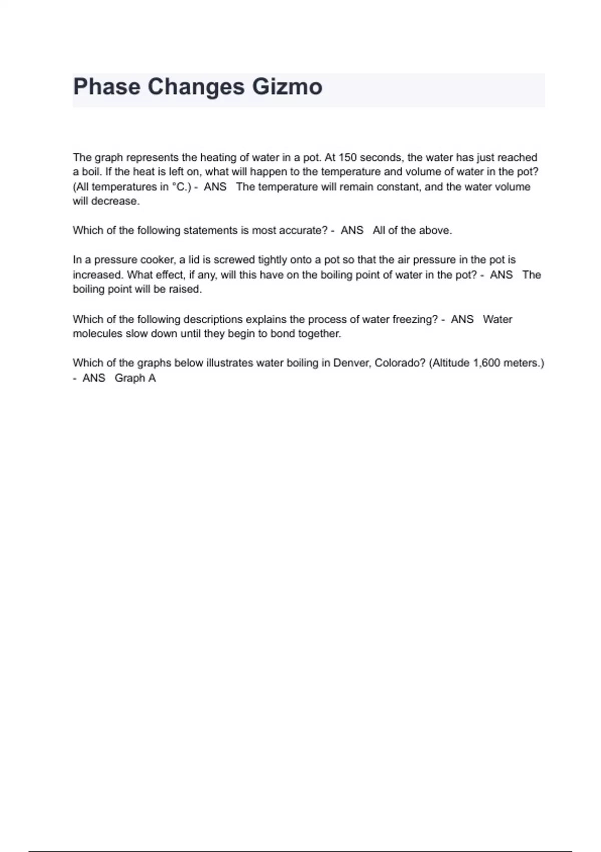 Phase Changes Gizmo Exam Questions And Answers - Student Exploration ...