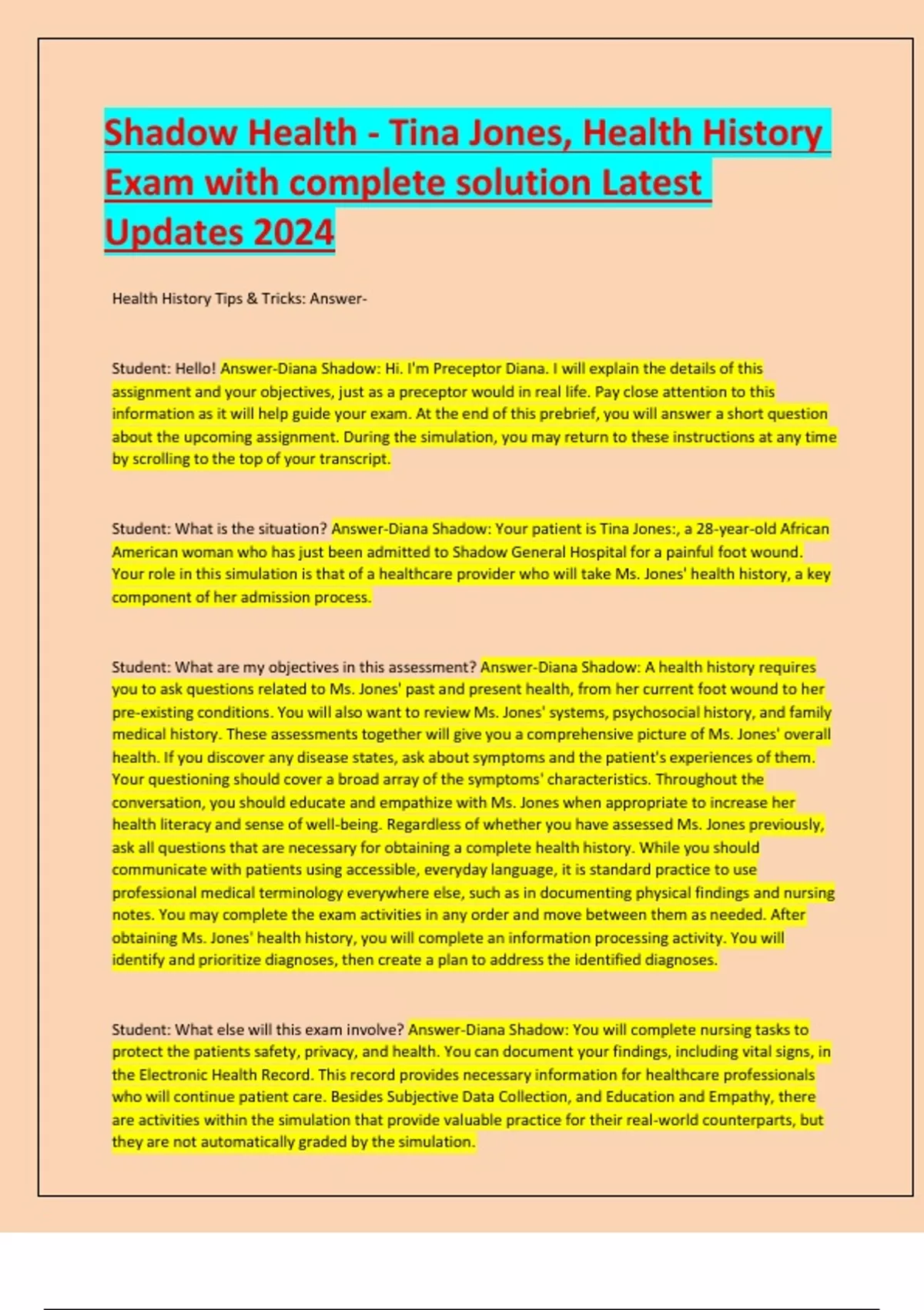 Shadow Health - Tina Jones, Health History Exam with complete solution ...