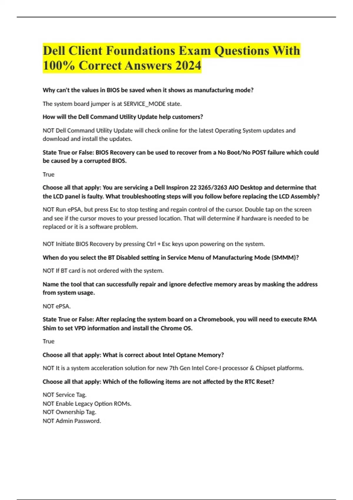 Dell Client Foundations Exam Questions With 100% Correct Answers 2024 ...