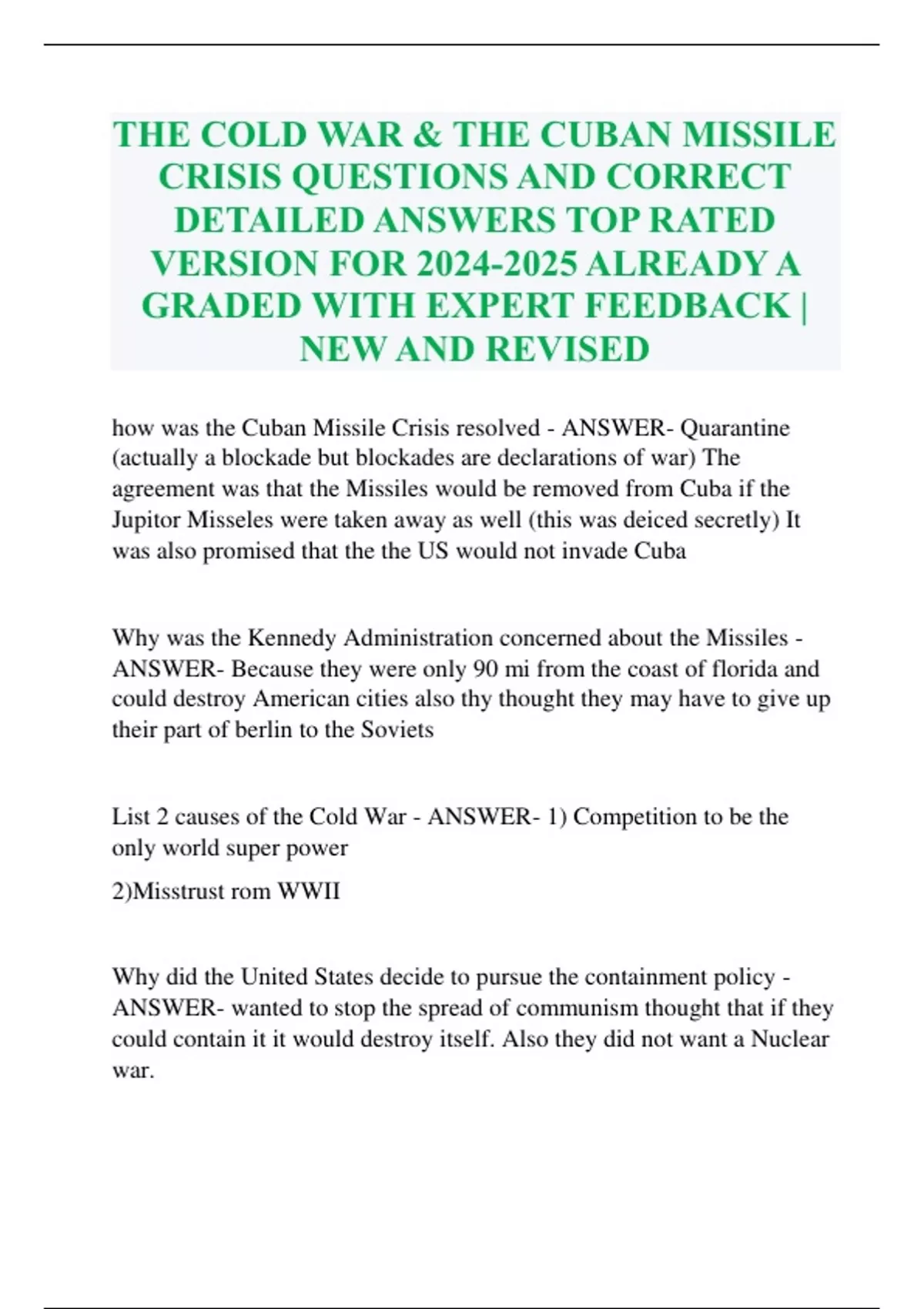 THE COLD WAR & THE CUBAN MISSILE CRISIS QUESTIONS AND CORRECT DETAILED ANSWERS TOP RATED VERSION ...