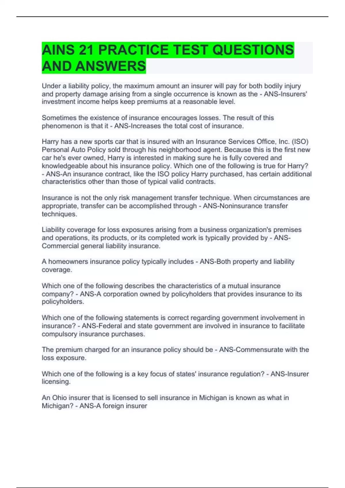 AINS 21 PRACTICE TEST QUESTIONS AND ANSWERS - AINS 21 - Stuvia US