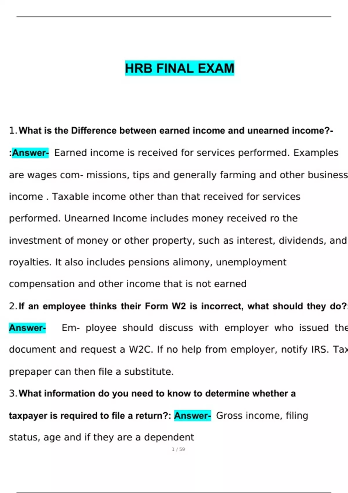 HRB Bundled Exams with Complete Solution | Verified Answers | 2024 - Stuvia US