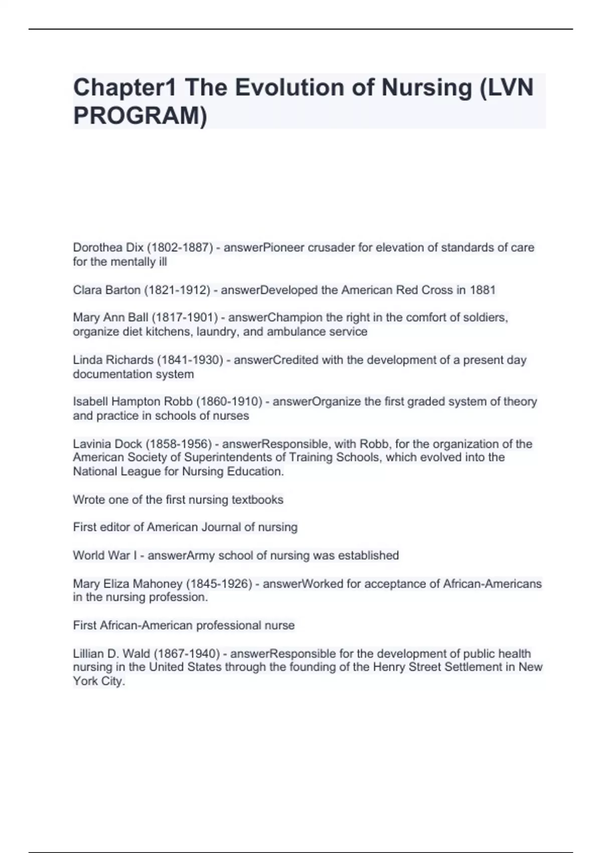 Chapter1 The Evolution of Nursing (LVN PROGRAM) Questions with correct Answers 2024 - LVN ...