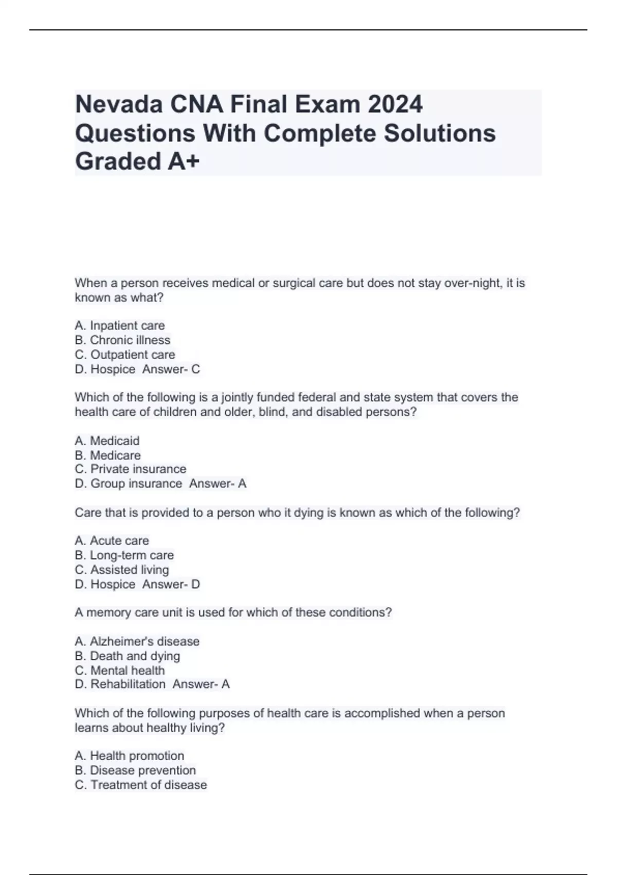 NEVADA CNA FINAL EXAM 2024 QUESTIONS WITH COMPLETE SOLUTIONS GRADED A+ - Nevada CNA - Stuvia US
