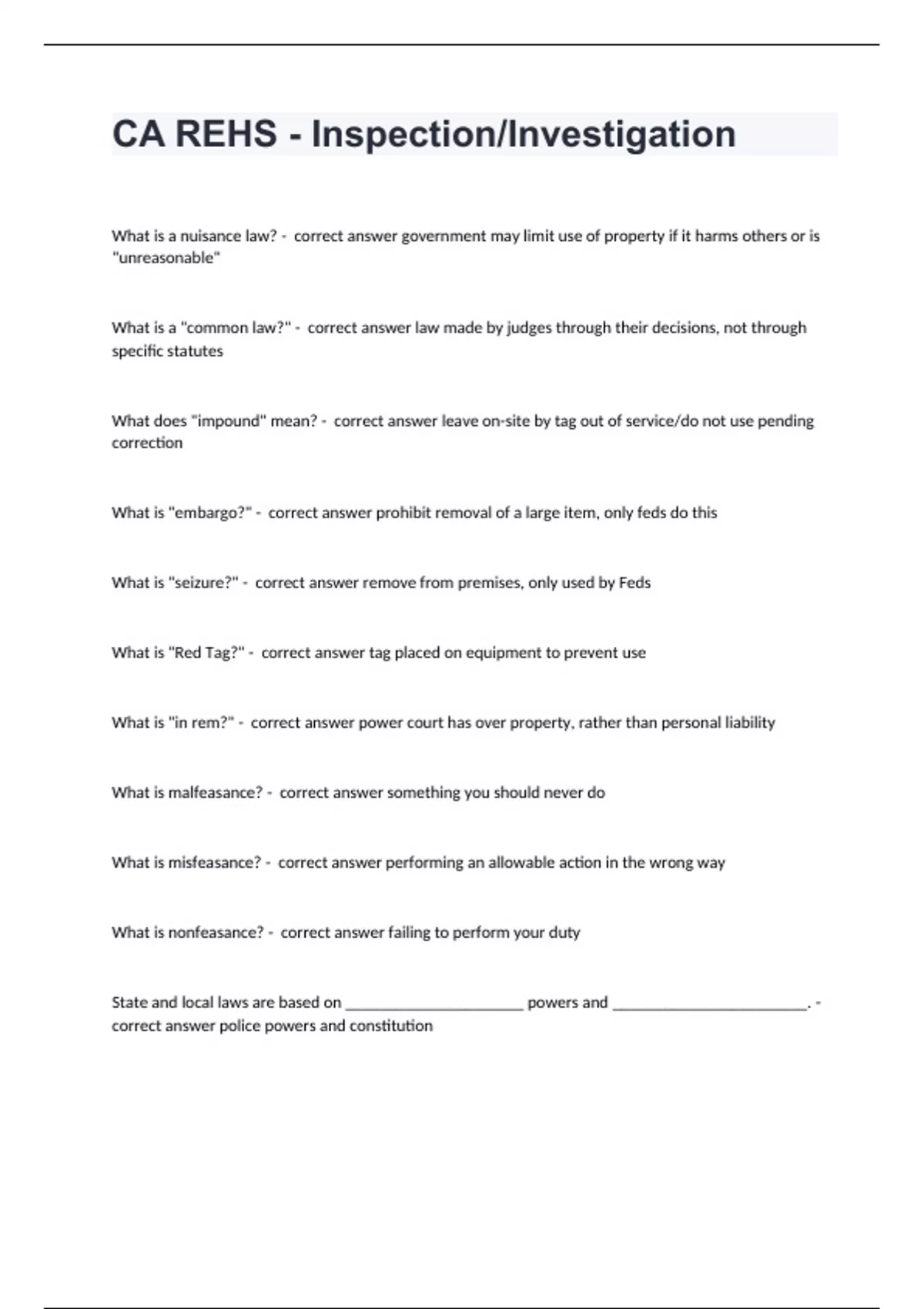 CA REHS - Inspection/Investigation correctly answered graded A+ - REHS ...