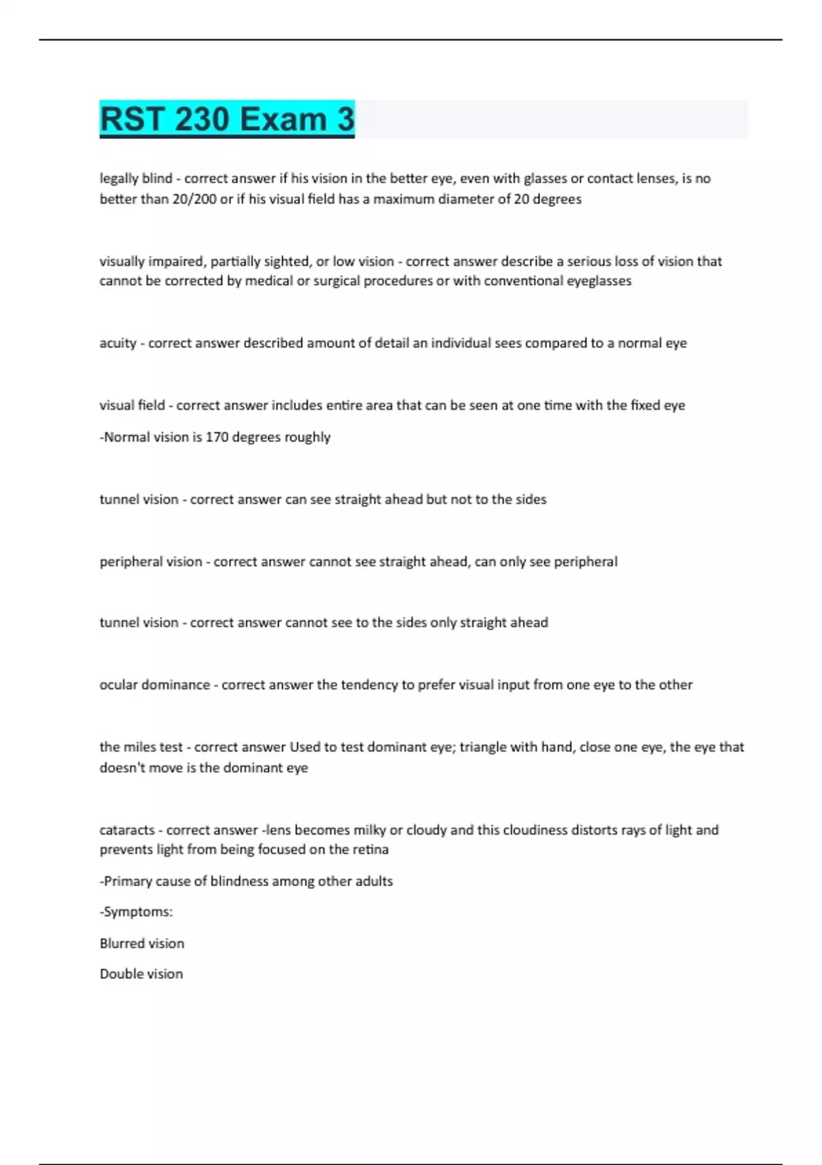 RST 230 Exam 3 Questions and answers latest update - RST 230 - Stuvia US