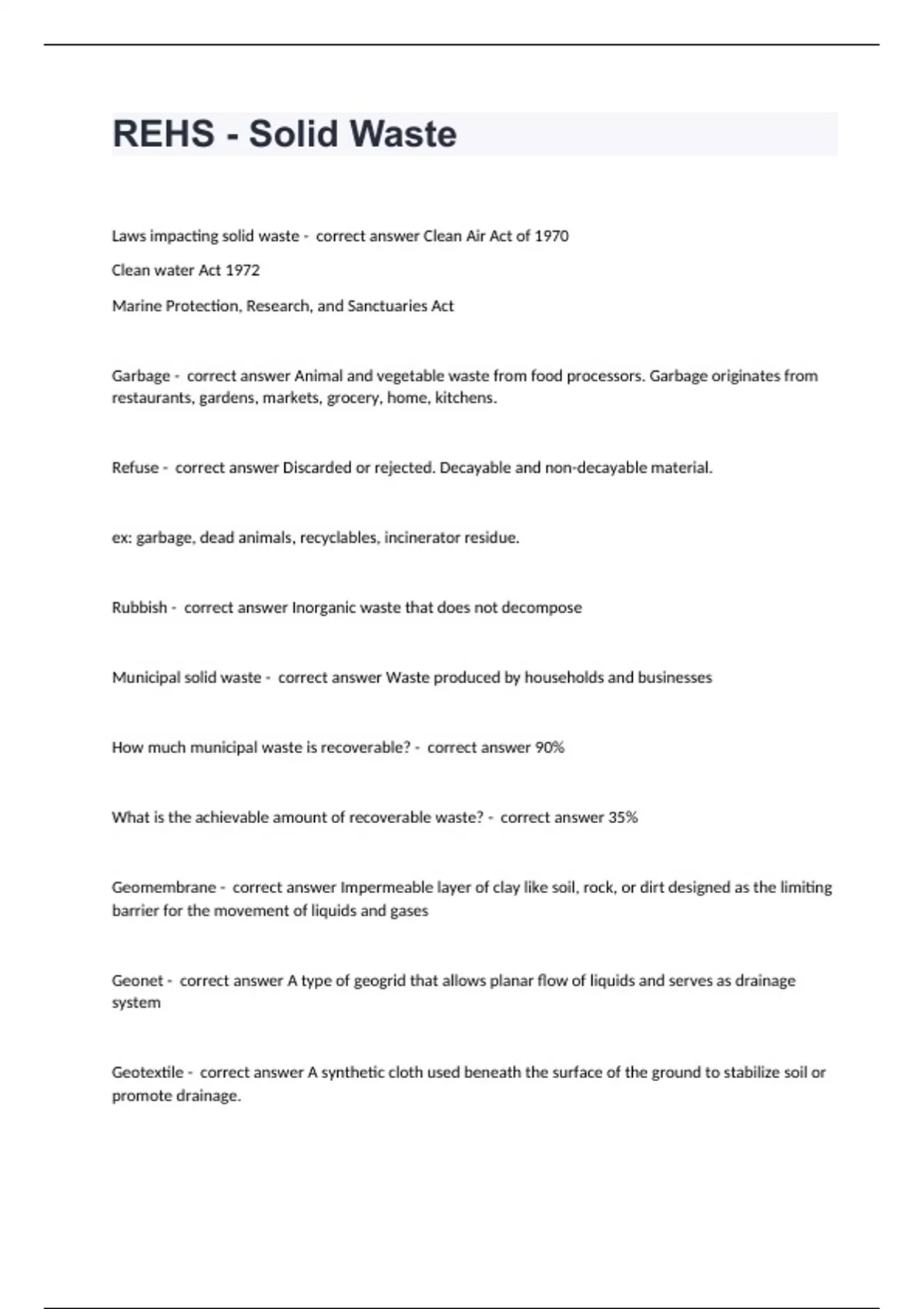 REHS - Solid Waste questions correctly answered 2024 - REHS - Stuvia US