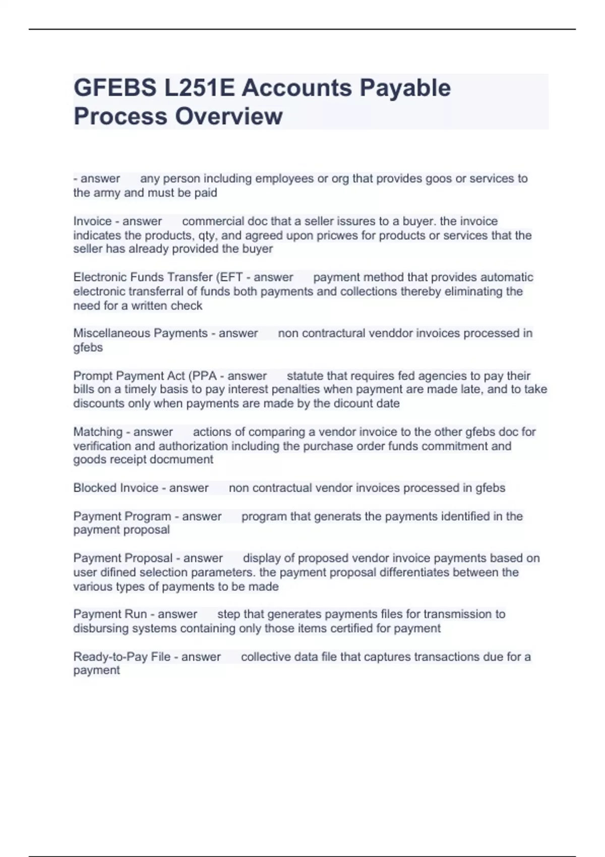 GFEBS L251E Accounts Payable Process Overview Questions with correct ...