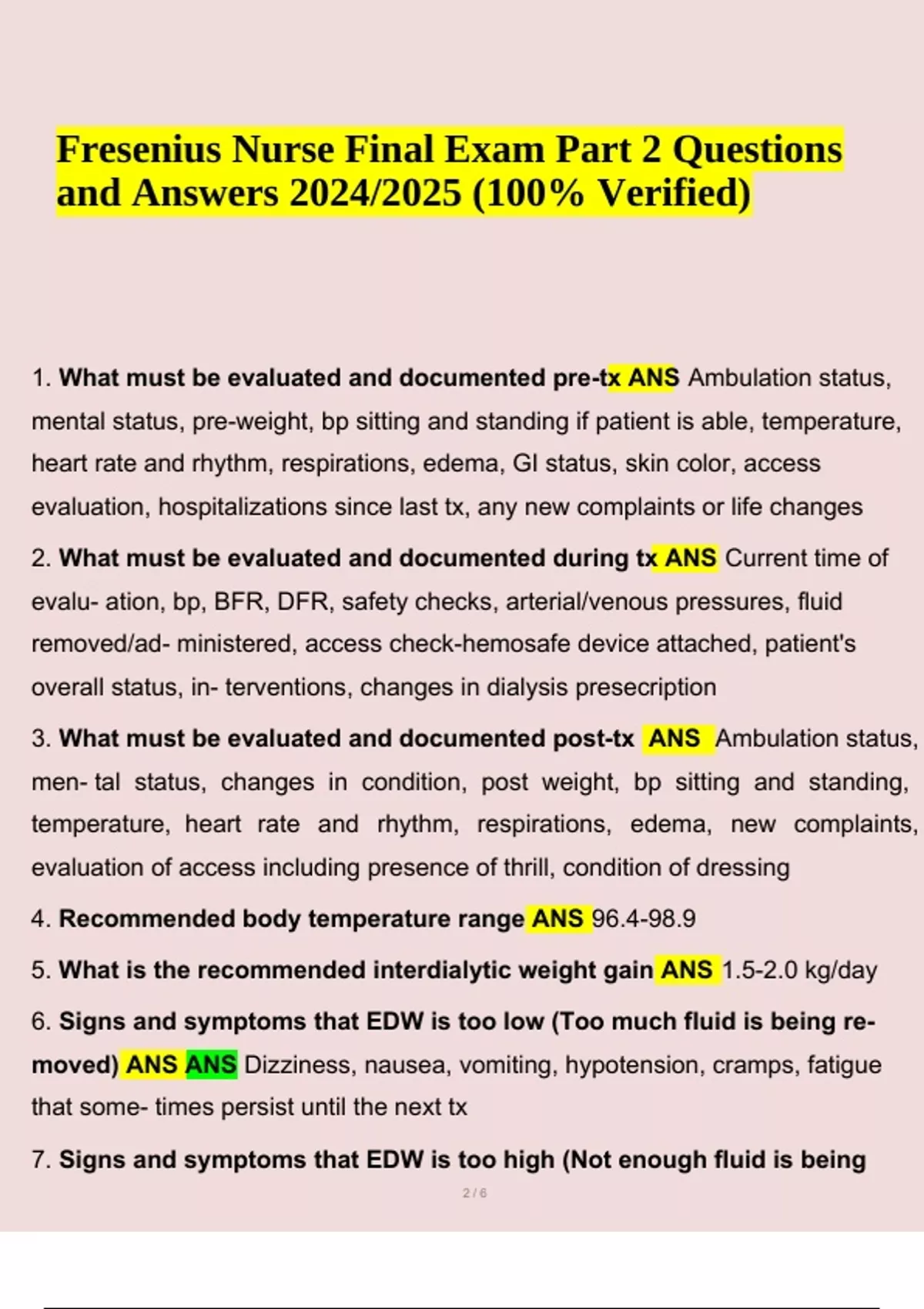 Fresenius Nurse Final Exam Part 2 Questions and Answers 2024/2025 (100% Verified) - Fresenius ...