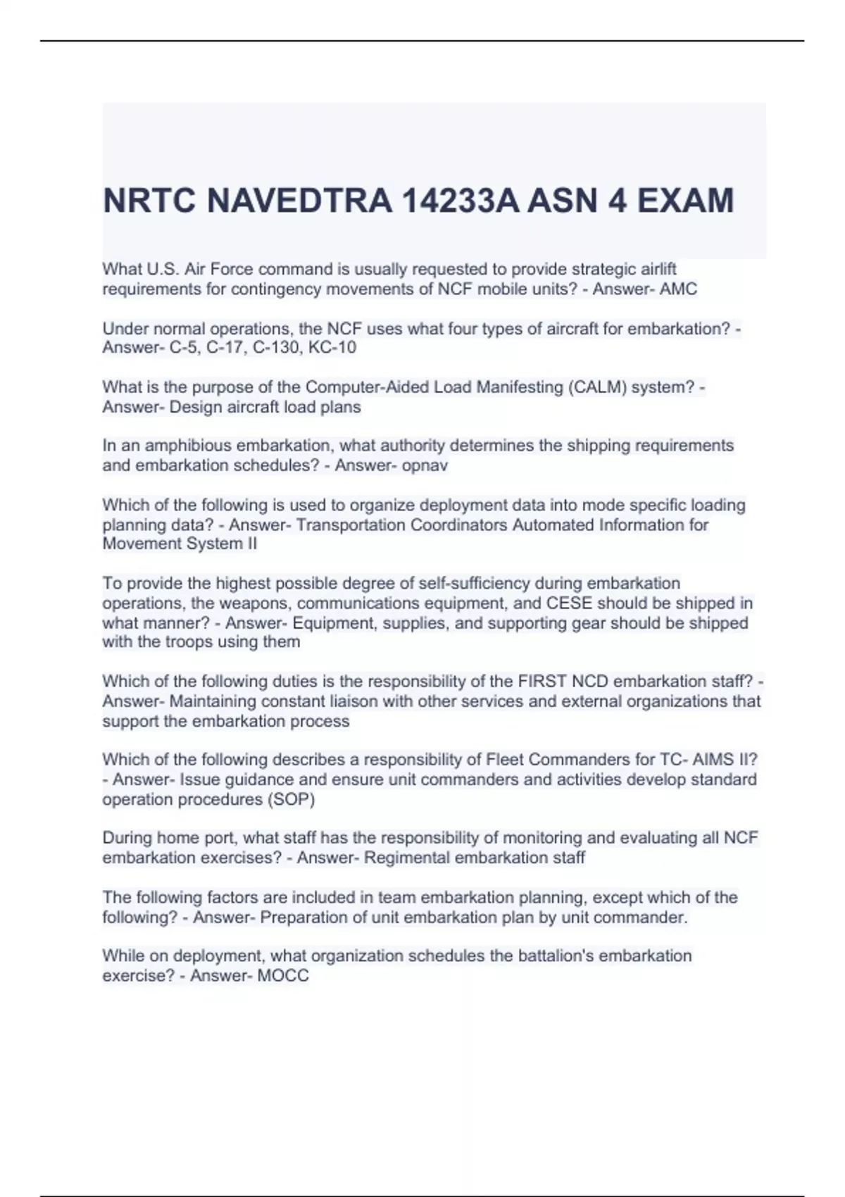NRTC NAVEDTRA 14233A ASN 4 EXAM 2024 QUESTIONS WITH CORRECT ANSWERS - NAVEDTRA - Stuvia US