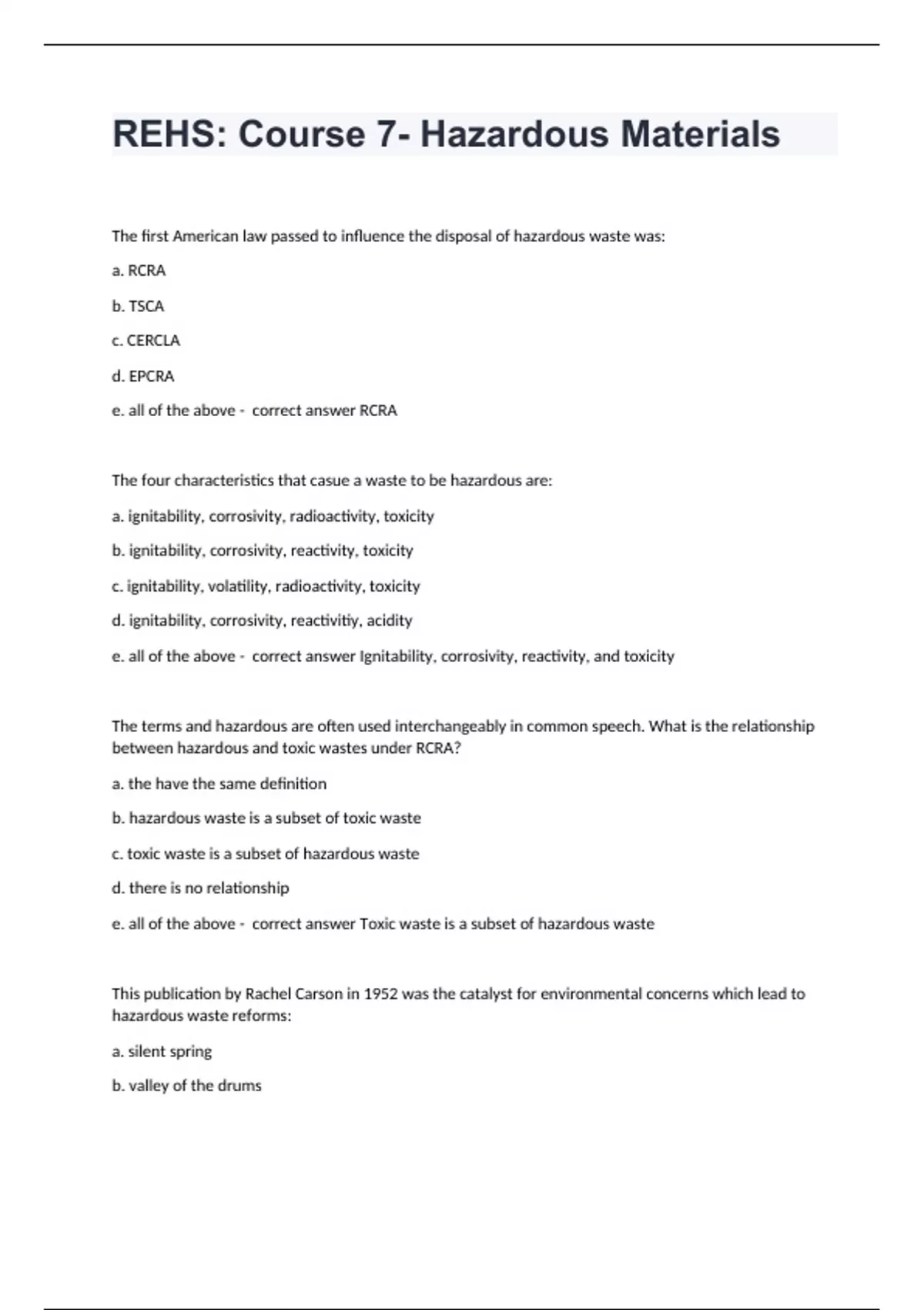 REHS: Course 7- Hazardous Materials well answered graded A+ - REHS ...