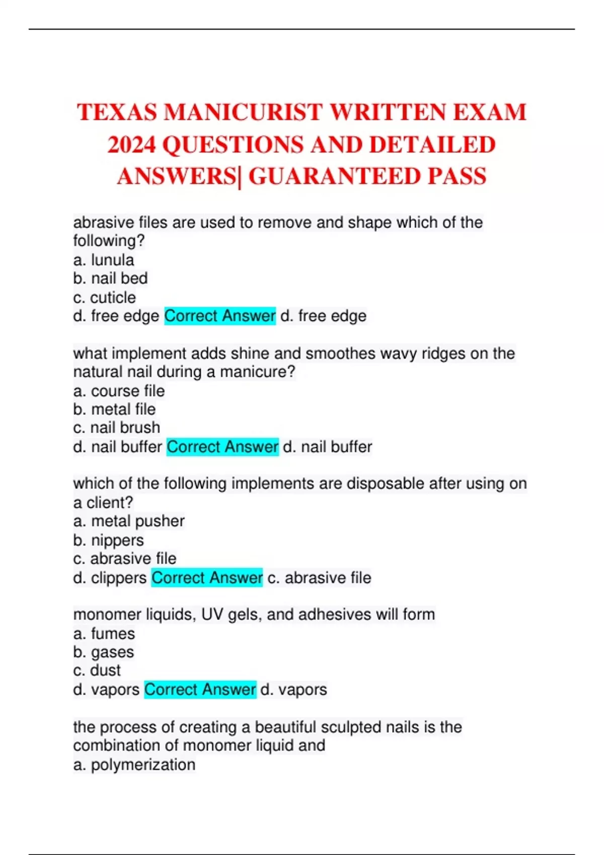 TEXAS MANICURIST WRITTEN STATE BOARD TEST 2024 COMPILATION BUNDLE ...