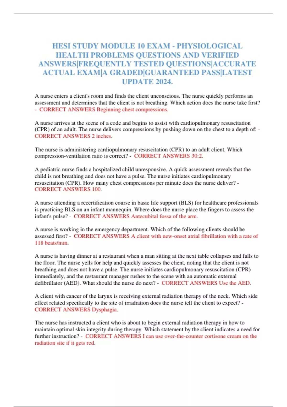 HESI STUDY MODULE 10 EXAM - PHYSIOLOGICAL HEALTH PROBLEMS QUESTIONS AND VERIFIED ANSWERS ...