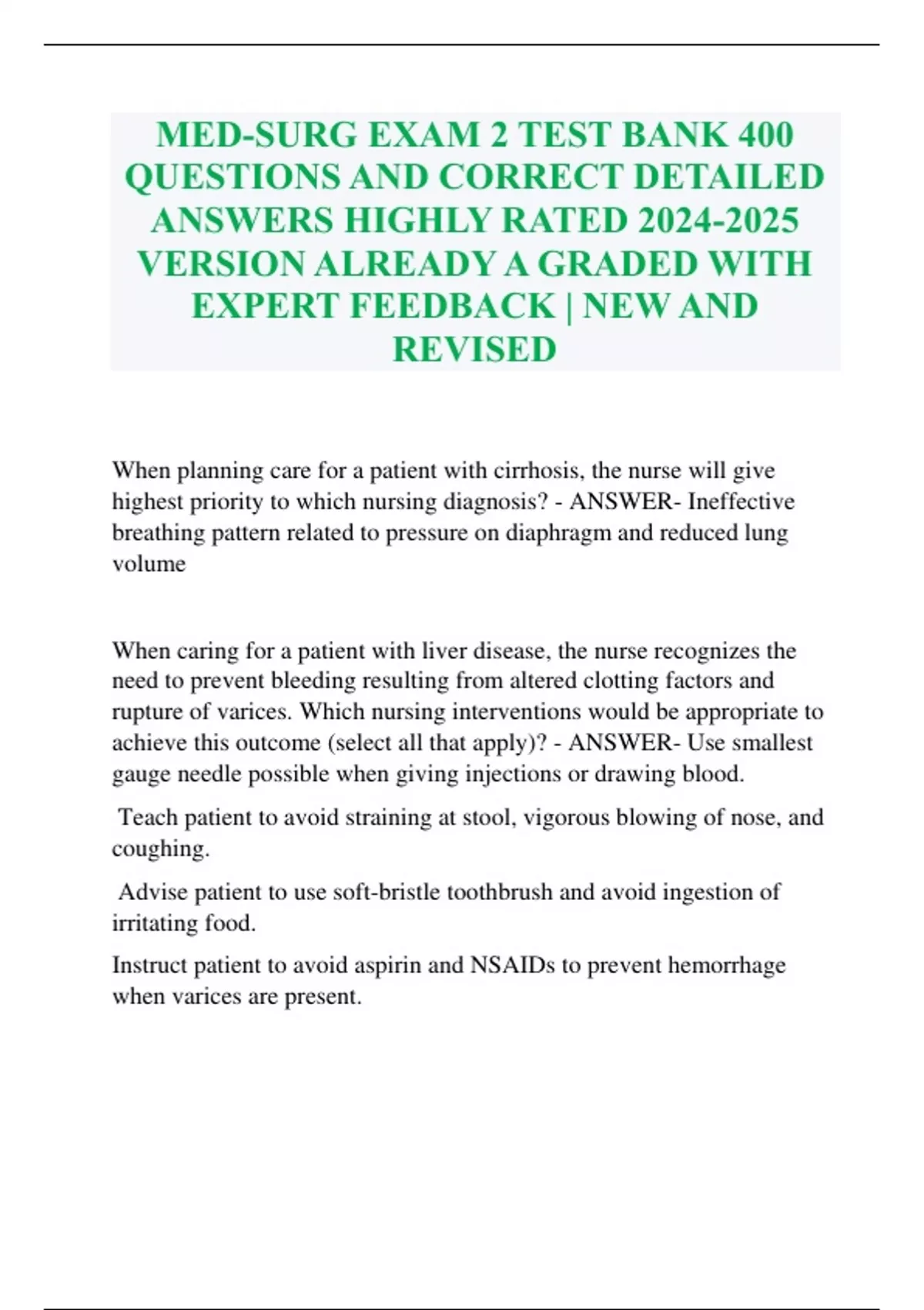 MED-SURG EXAM 2 TEST BANK 400 QUESTIONS AND CORRECT DETAILED ANSWERS ...