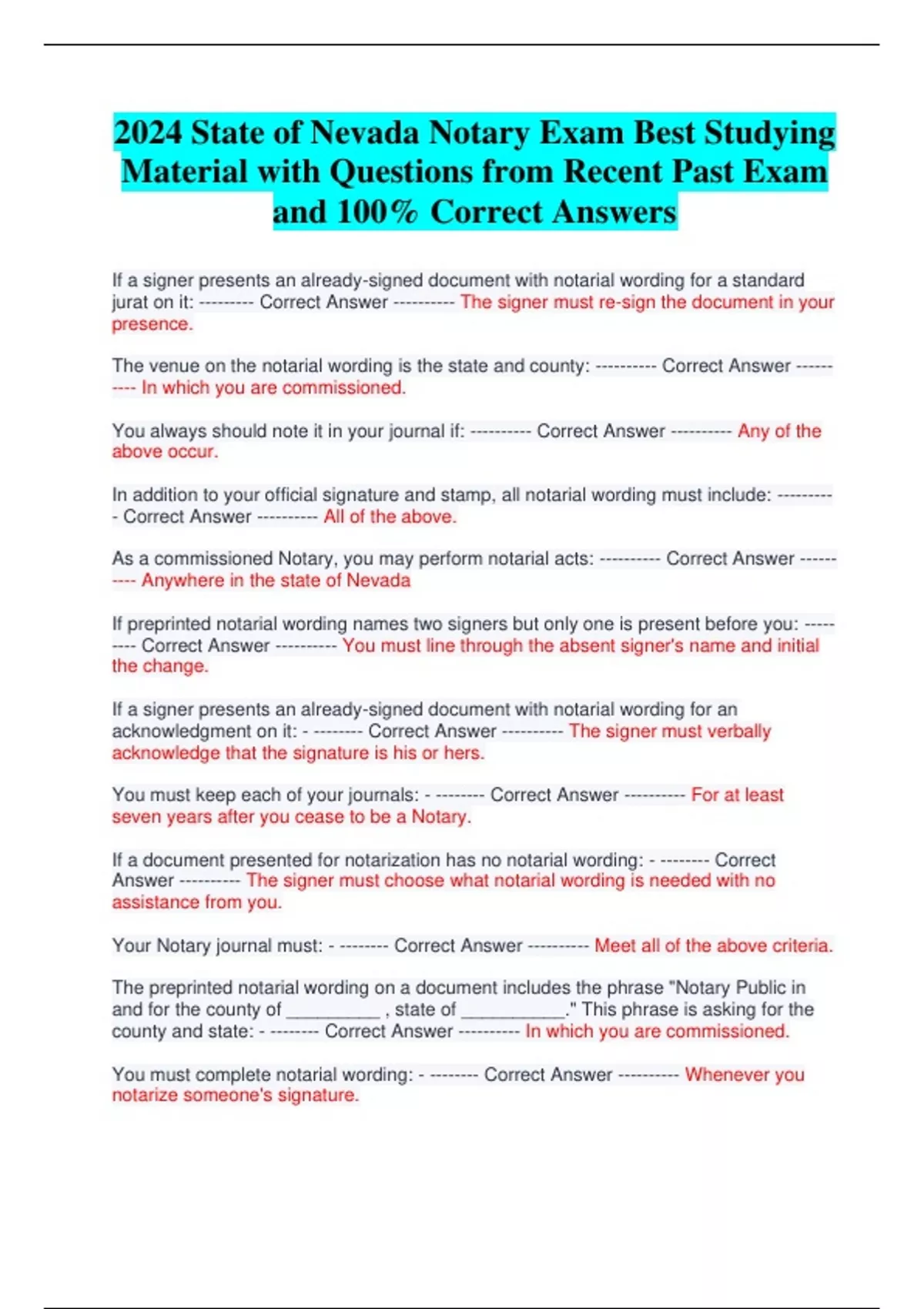 2024 State of Nevada Notary Exam Best Studying Material with Questions ...