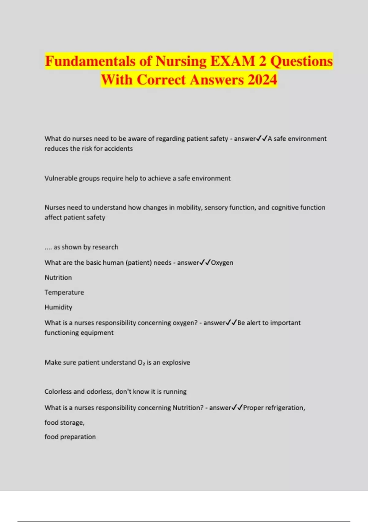 Fundamentals of Nursing EXAM 2 Questions With Correct Answers 2024 ...