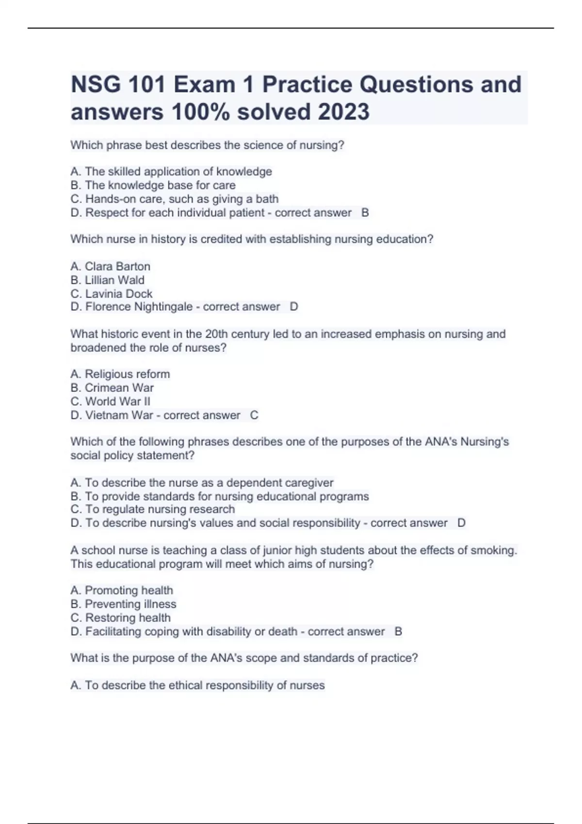 NSG 101 Exam 1 Practice Questions and answers 100% correct 2024 - NSG ...