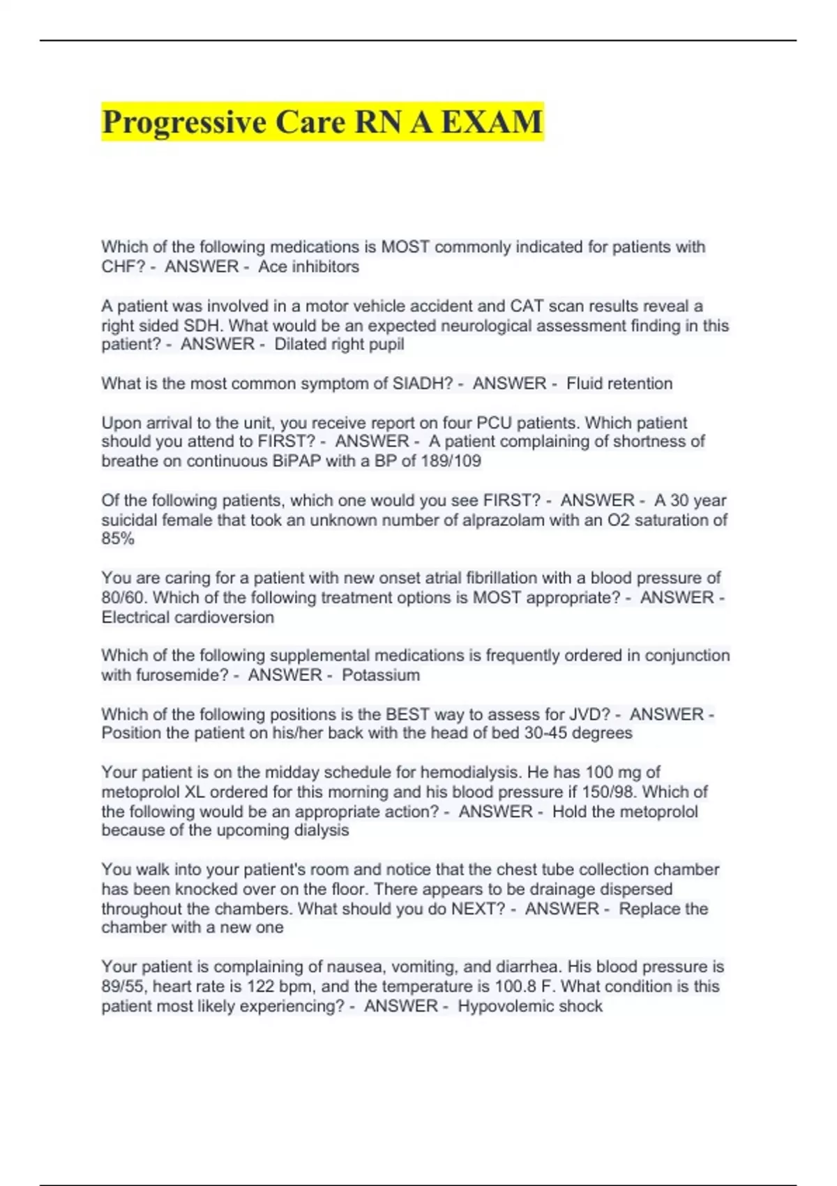 Progressive Care RN A EXAM (A+ GRADED 100% VERIFIED ANSWERS) 2023 ...