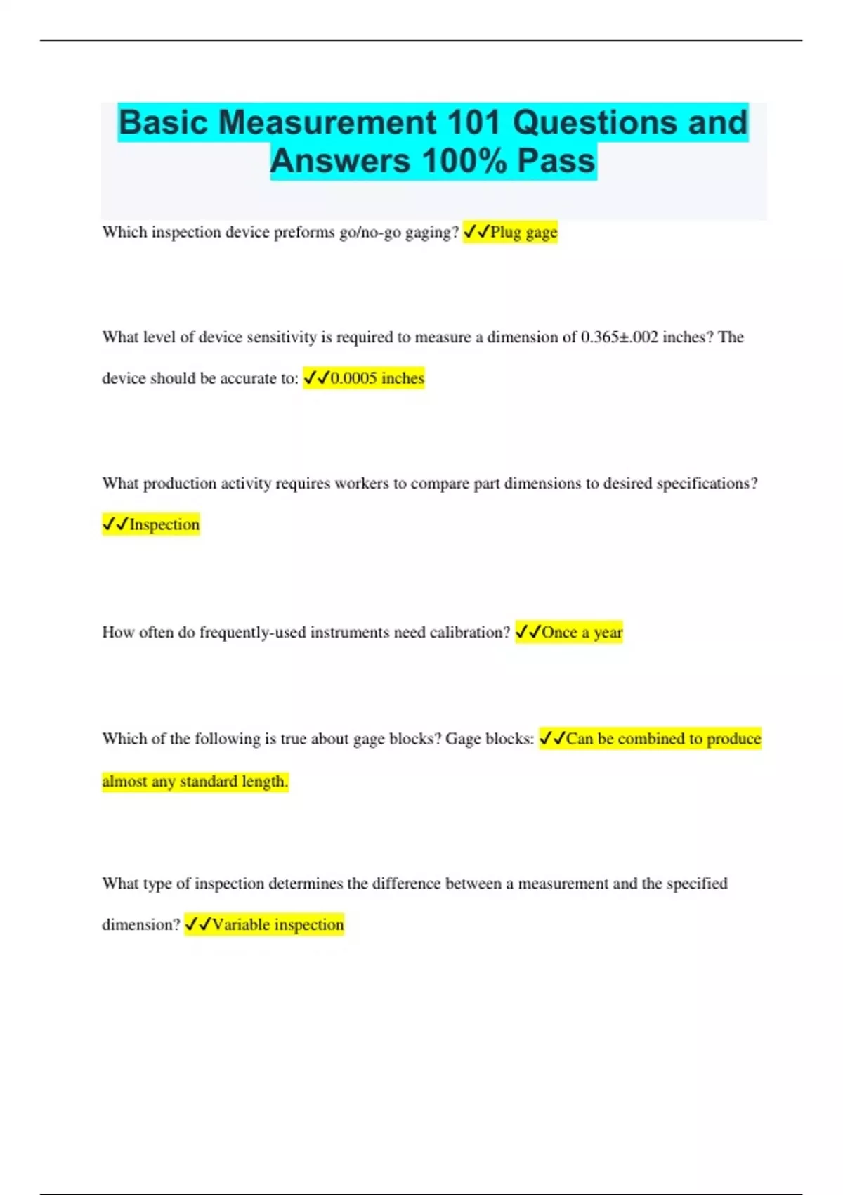 Basic Measurement 101 Questions and Answers 100% Pass - Basic ...