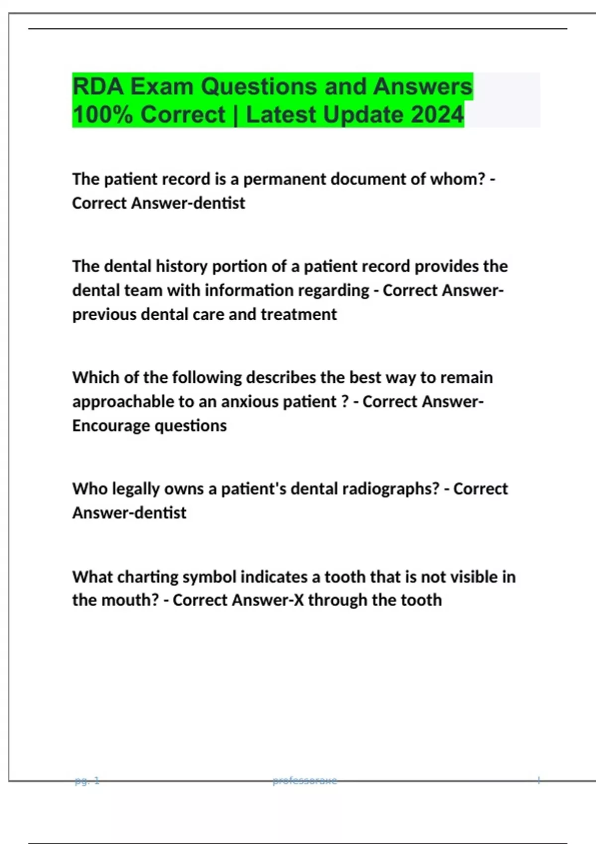 RDA Exam Questions and Answers 100% Correct | Latest Update 2024 - RDA ...