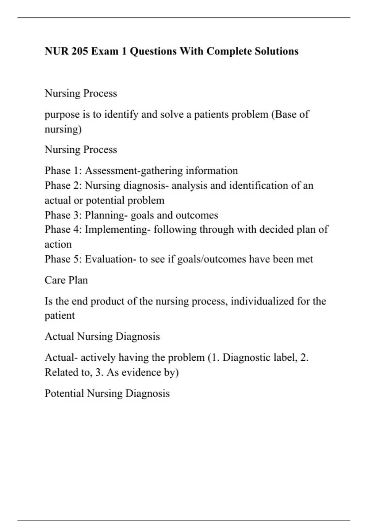 NUR 205 Exam 1 Questions With Complete Solutions - Hondros NUR 205 ...