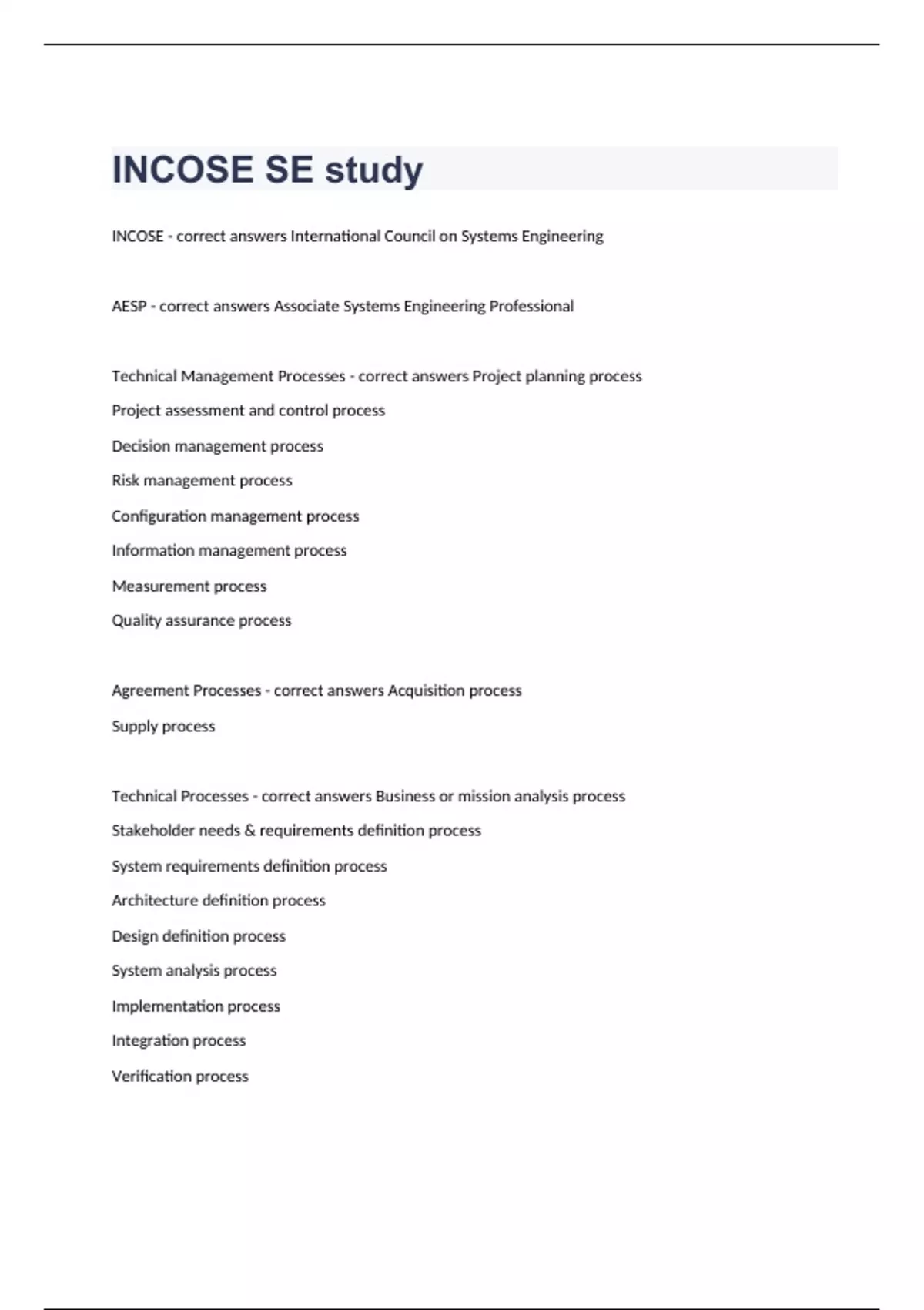 INCOSE SE study Question and answers correctly solved 2024 - INCOSE - Stuvia US