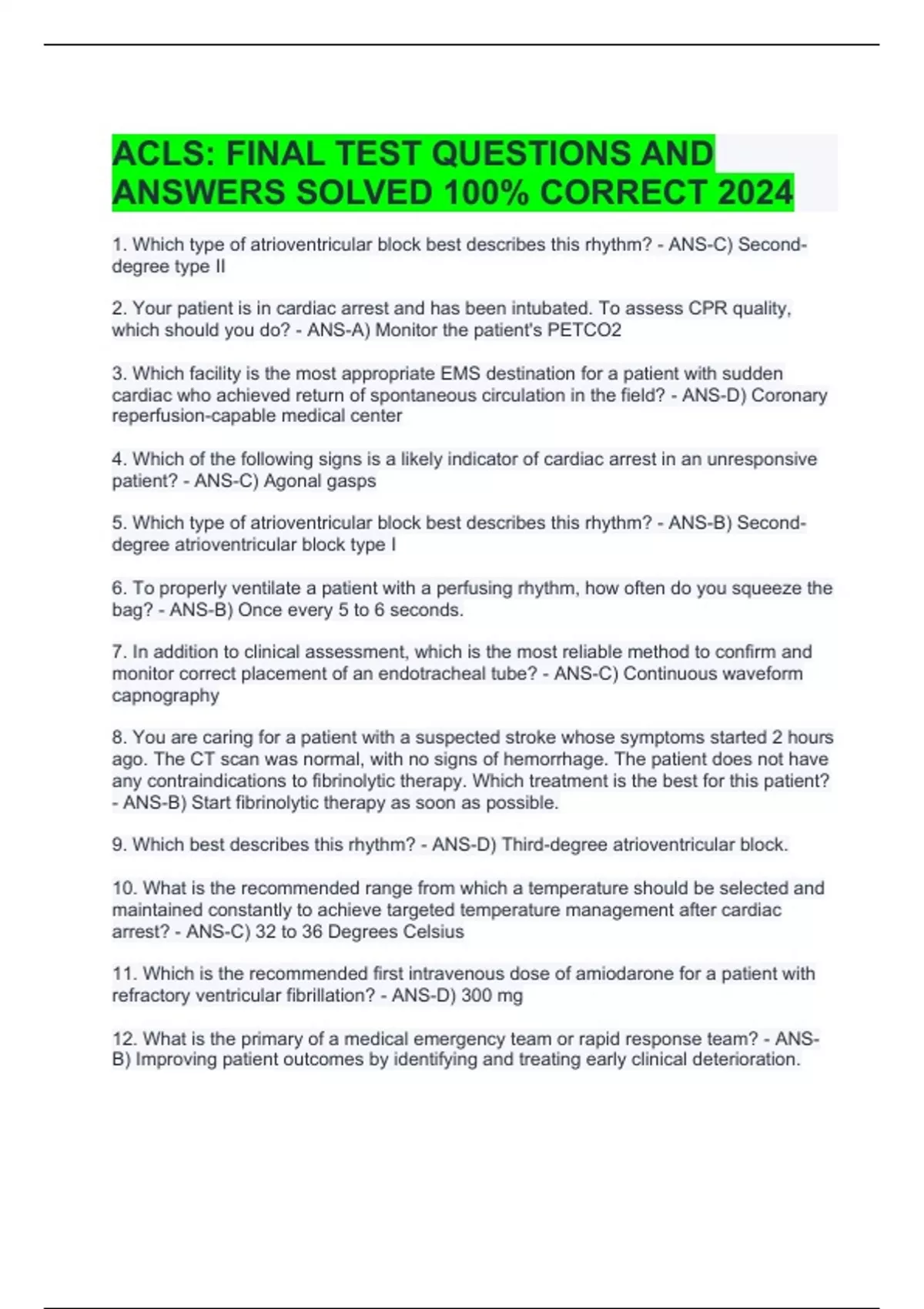 ACLS: FINAL TEST QUESTIONS AND ANSWERS SOLVED 100% CORRECT 2024 - Acls ...